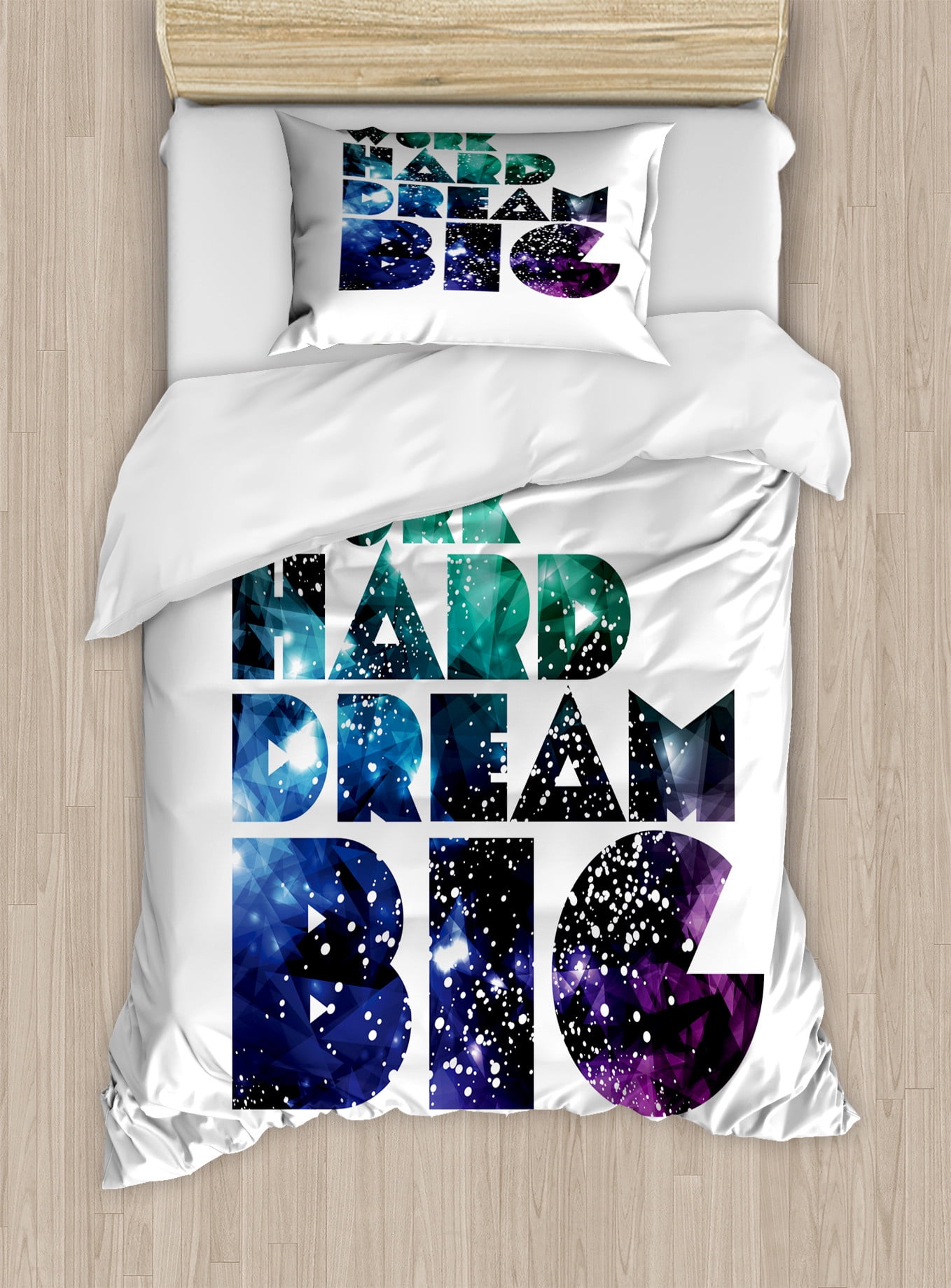 Saying Duvet Cover Set, Work Hard Dream Big Typography Double Exposure ...