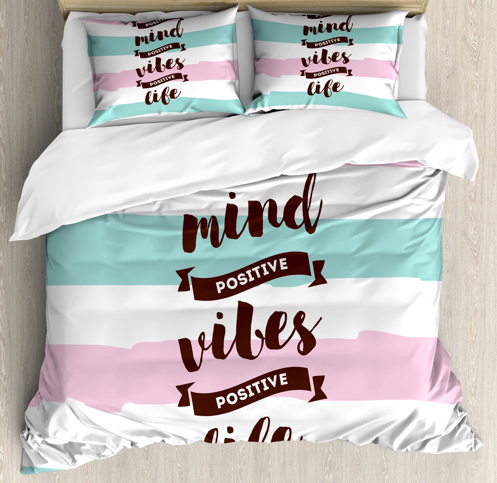 Saying Duvet Cover Sets, Positive Mind Vibes Life Lettering on Bicolour ...