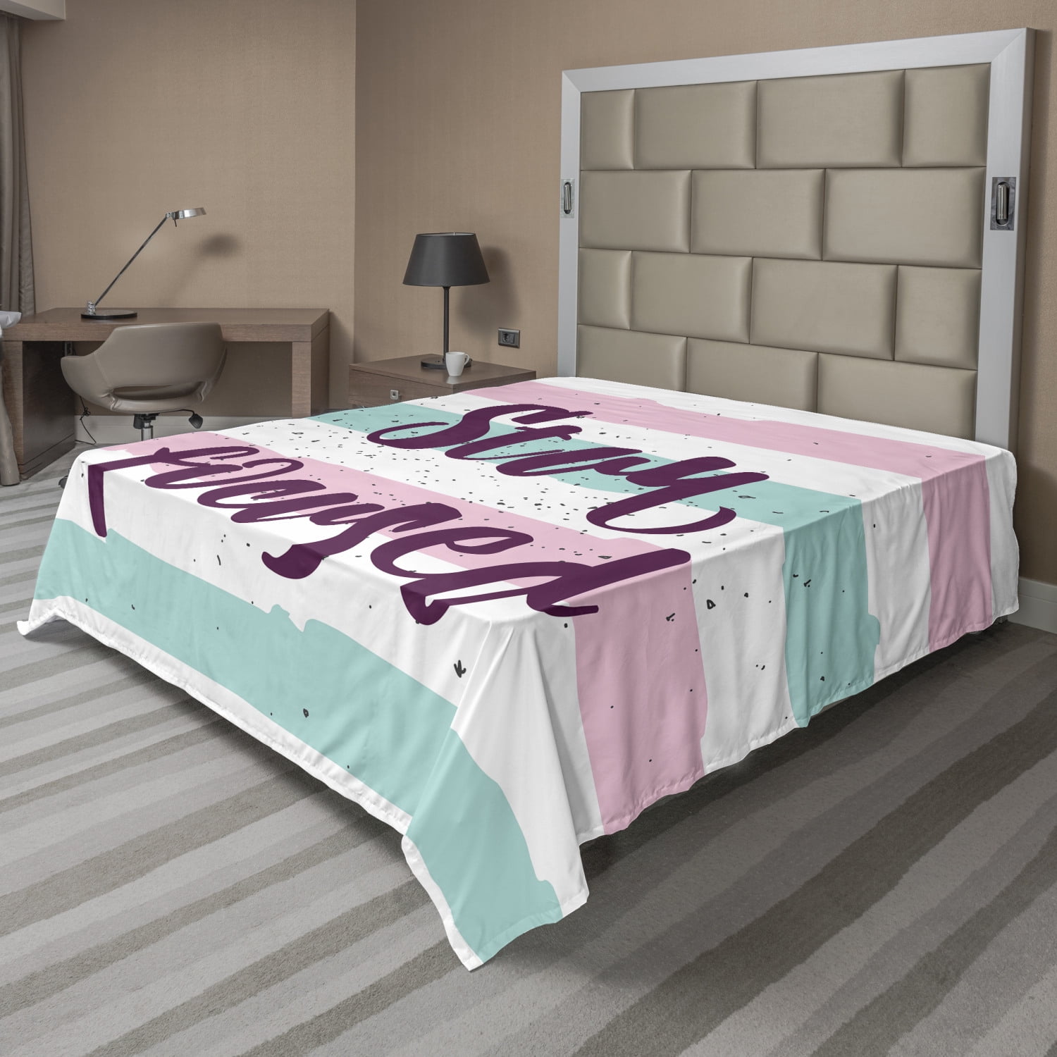 Ambesonne Saying Flat Sheet, Horizontal Pastel Stripes, California King ...