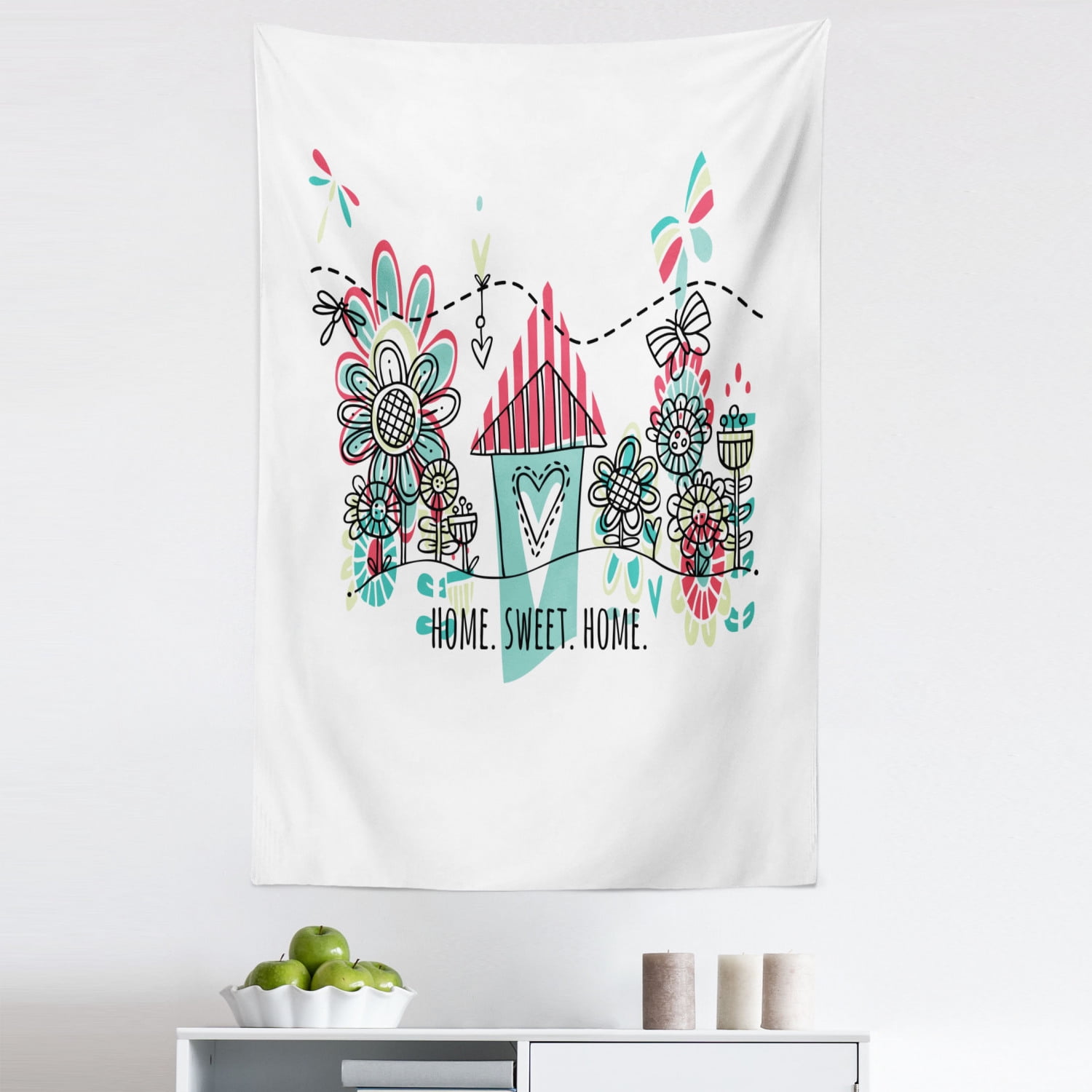 Saying Tapestry, Doodle Style House with Heart Shape and Garden ...