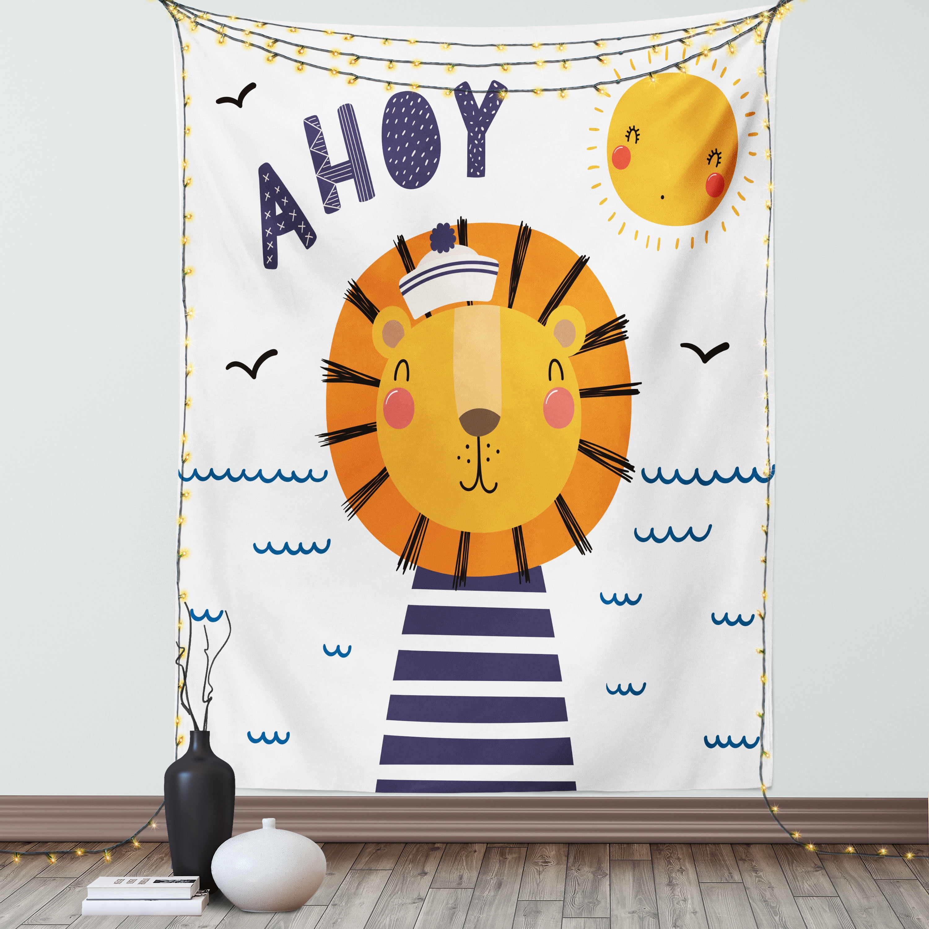 Saying Tapestry, Nursery Themed Cartoon Image with Sailor Lion Happy ...