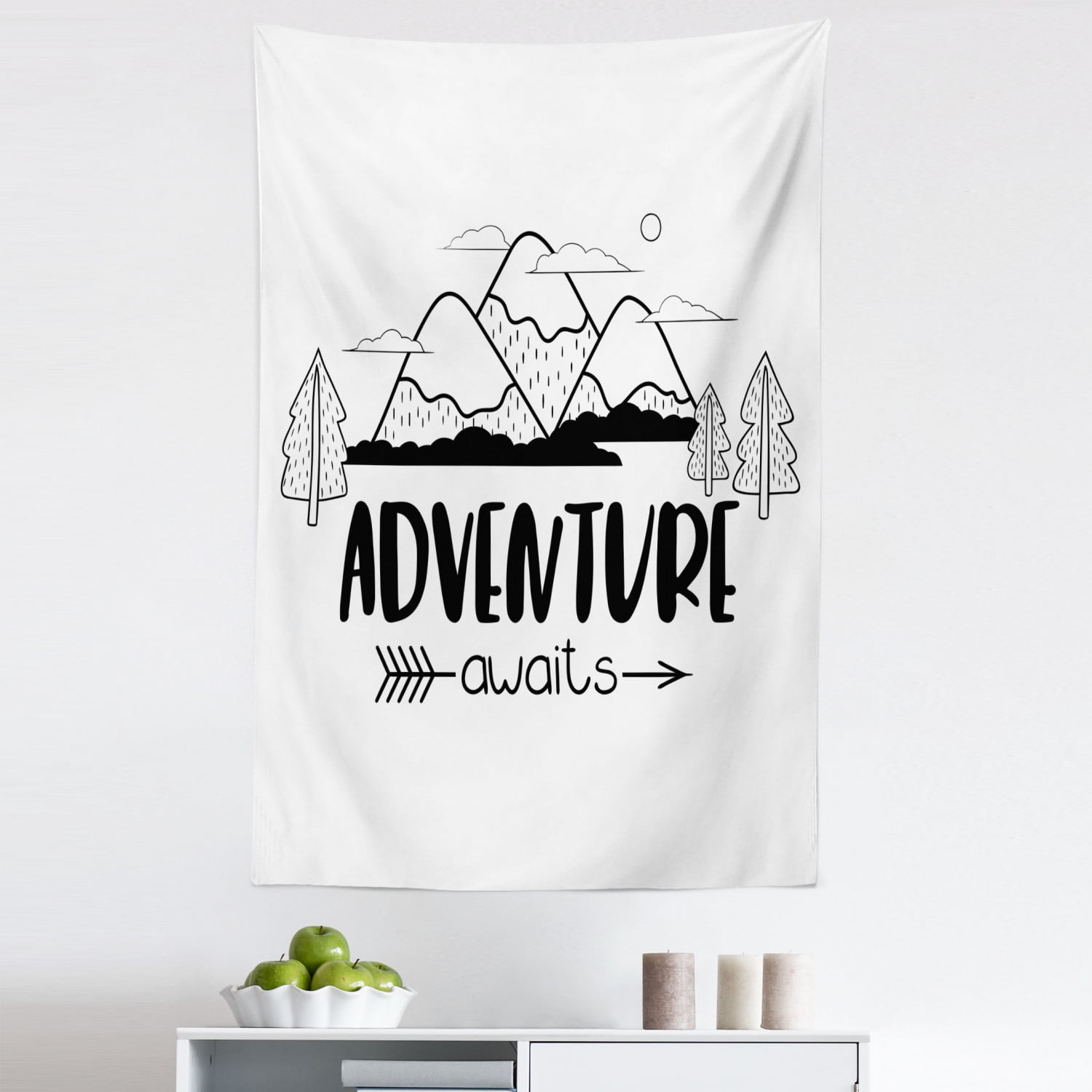 Saying Tapestry, Outline Monochrome Mountain Trees and Lettering ...