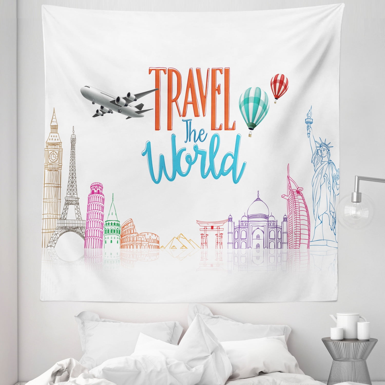 Saying Tapestry, Travel the World Lettering Around Globe Landmarks ...