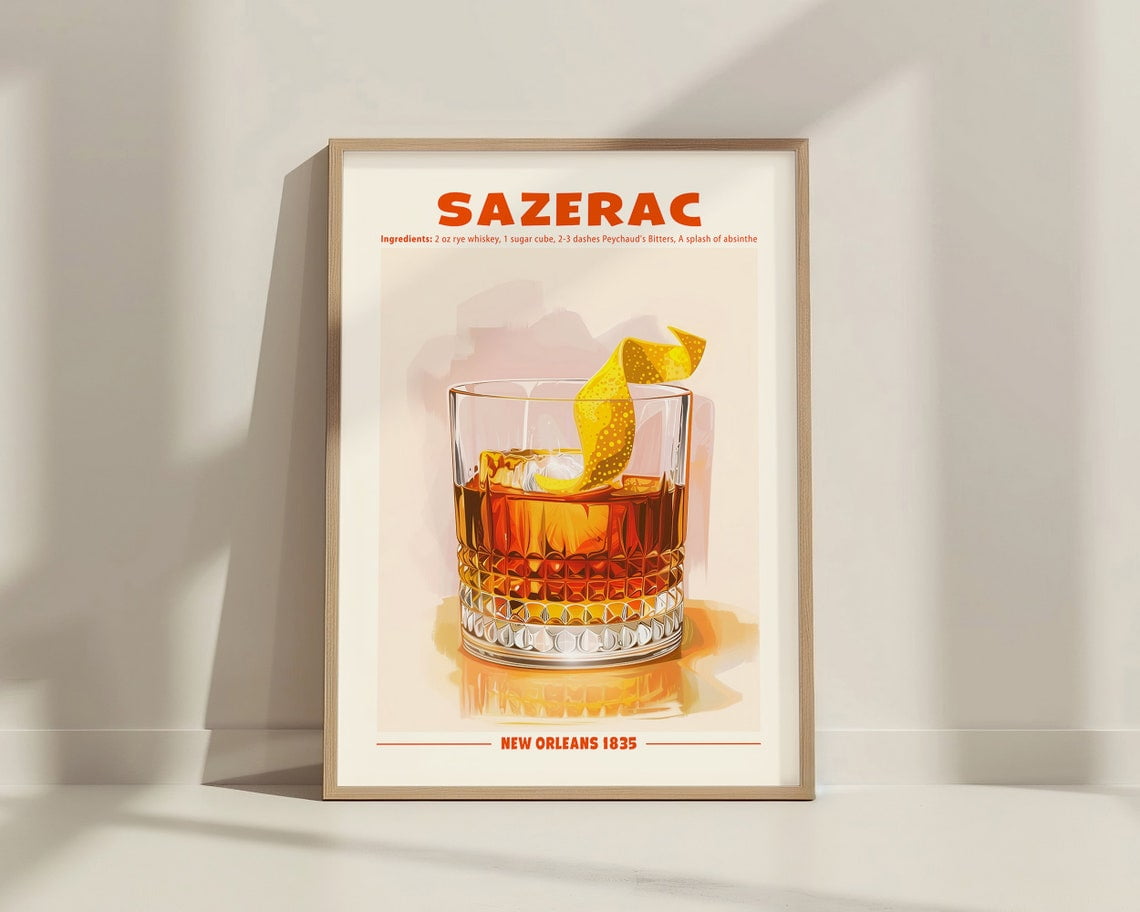 Sazerac Cocktail Print. Classic Alcohol Cocktail Sign. Home Bar Cart ...