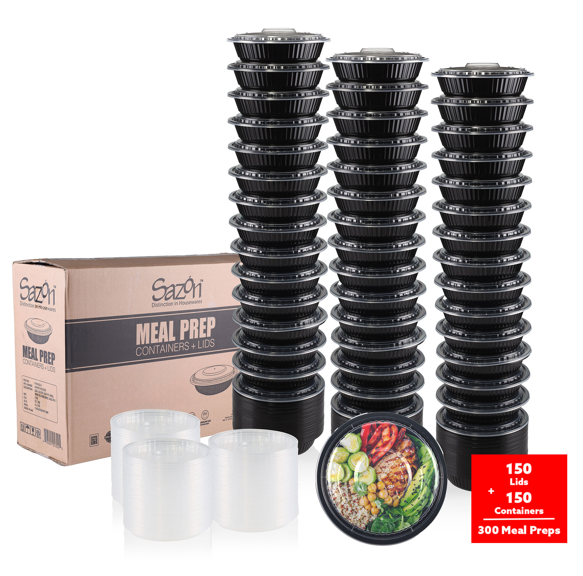 Sazon 24 Oz Round Meal Prep Container, 150 Lids and 150 Containers ...