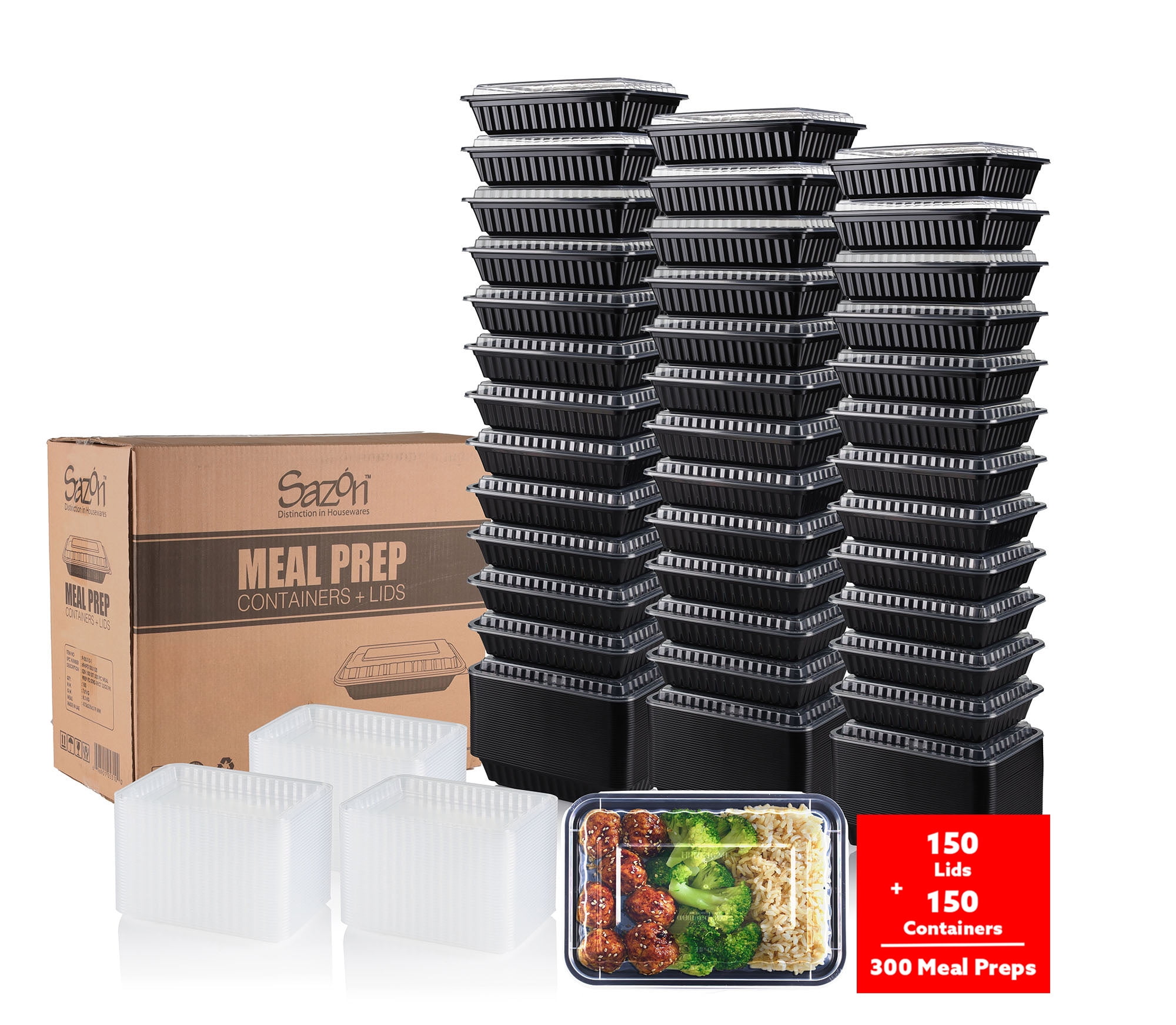 Sazon 32 Oz Rectangular Meal Prep Containers, 150 Lids and 150 ...