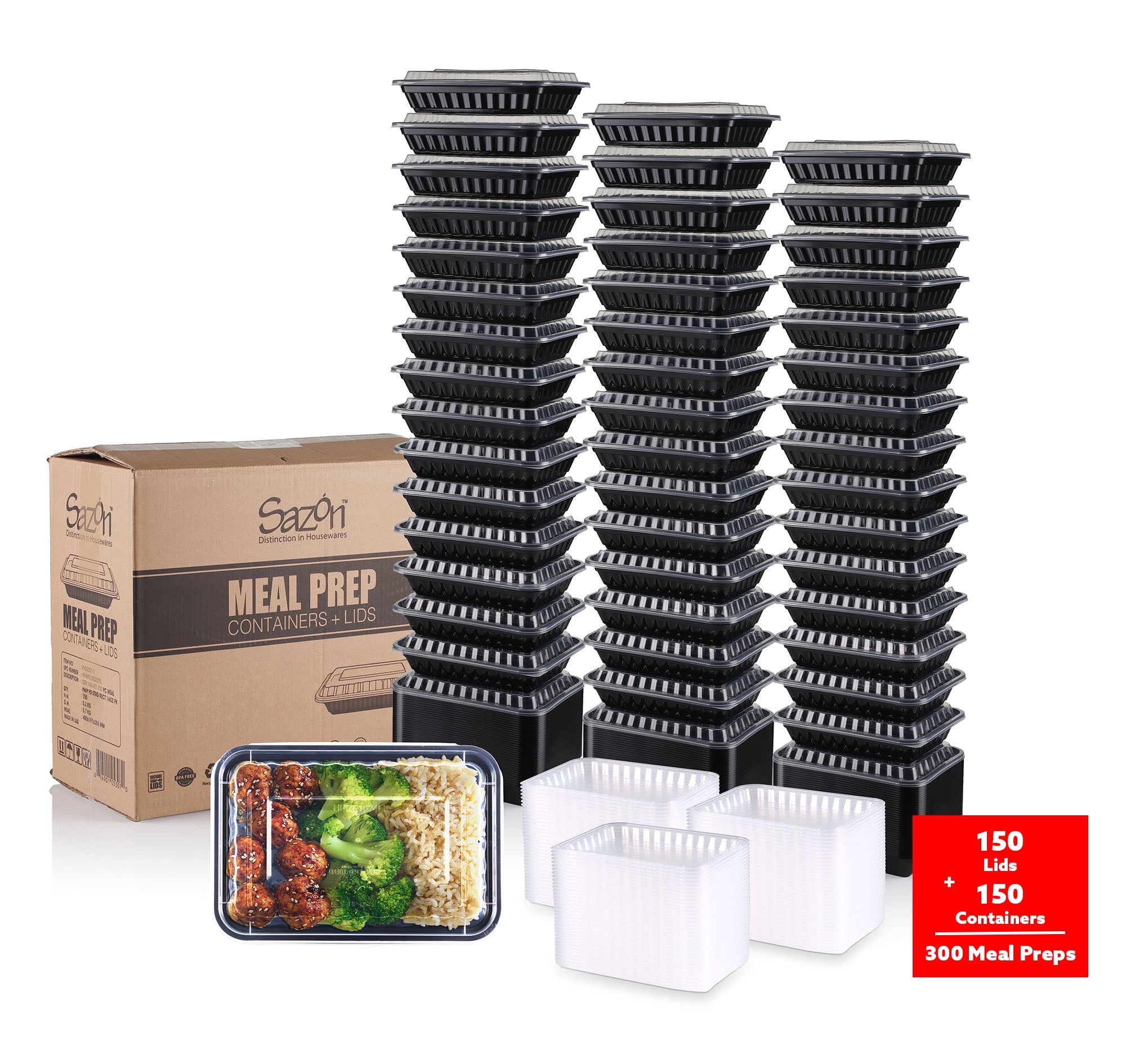 Sazon 58oz Rectangular Meal Prep Containers, 150 Lids and 150 ...