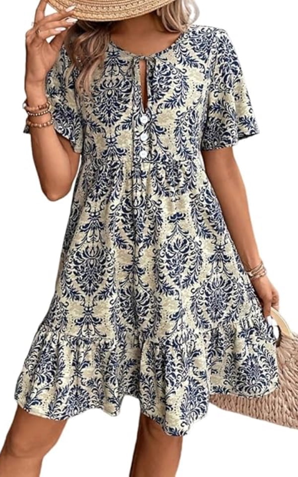 Scacto Women Summer Dresses Short Sleeves V-Neck Ruffle Floral Flowy ...
