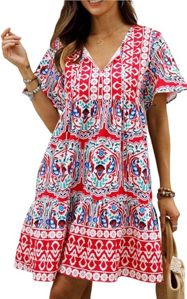 Scacto Women Summer Dresses Short Sleeves V-Neck Ruffle Floral Flowy ...
