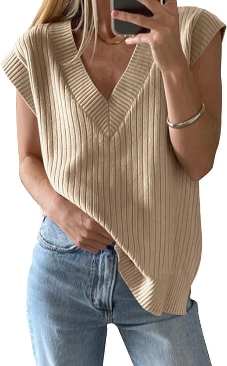 Scacto Womens V Neck Sweater Vest Oversized Ribbed Knit Sleeveless ...