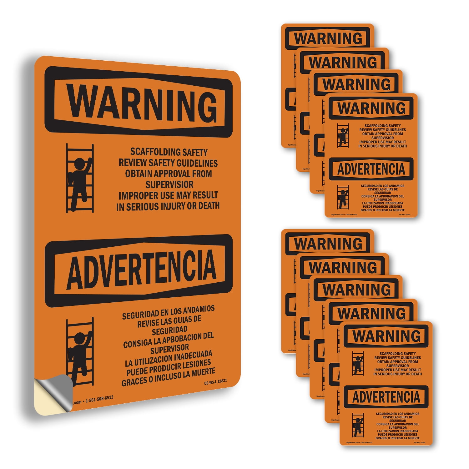 Scaffolding Safety Guidelines Bilingual OSHA WARNING Vinyl Decal Label ...