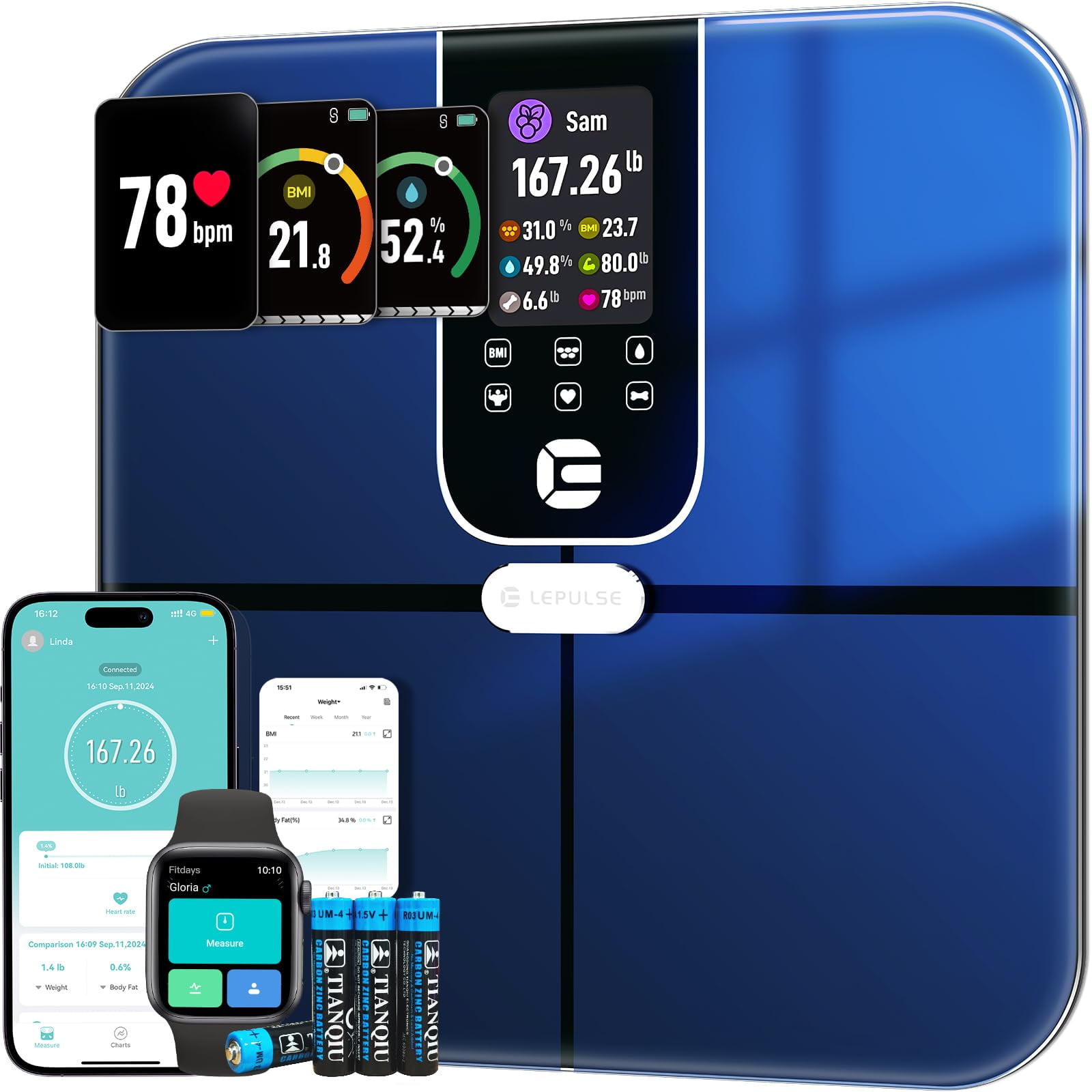 Scale for Body Weight and Fat, Lepulse 3.35" TFT Display Scale with Bmi Body Fat Muscle Mass ...