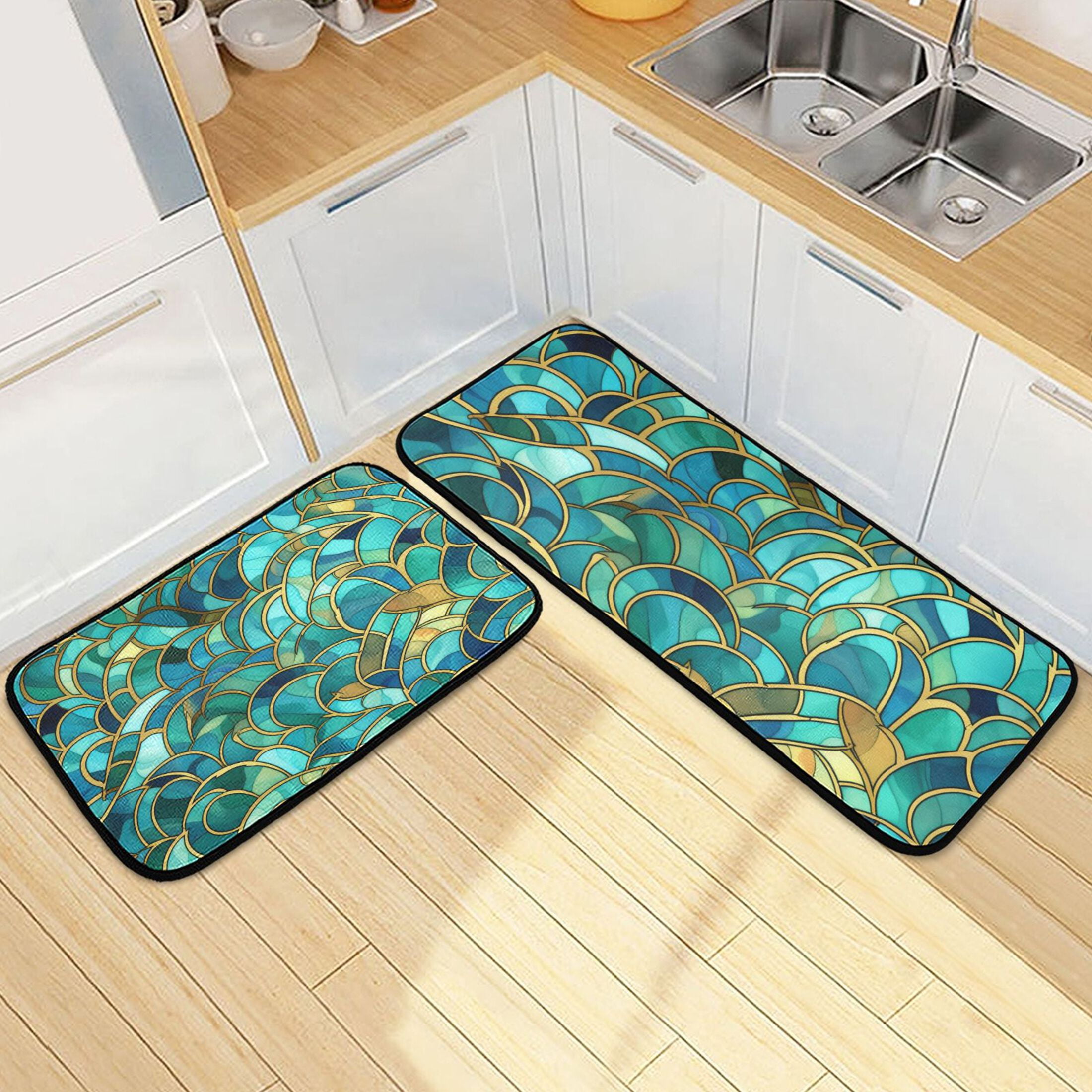 Scales Green Kitchen Rugs Set of 2 Non Slip Floor Foam Mat Cushioned ...