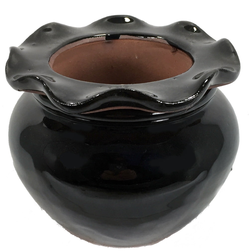 Scallop Round Self Watering Glazed Ceramic Pot - Black - 5.1" - Walmart.com