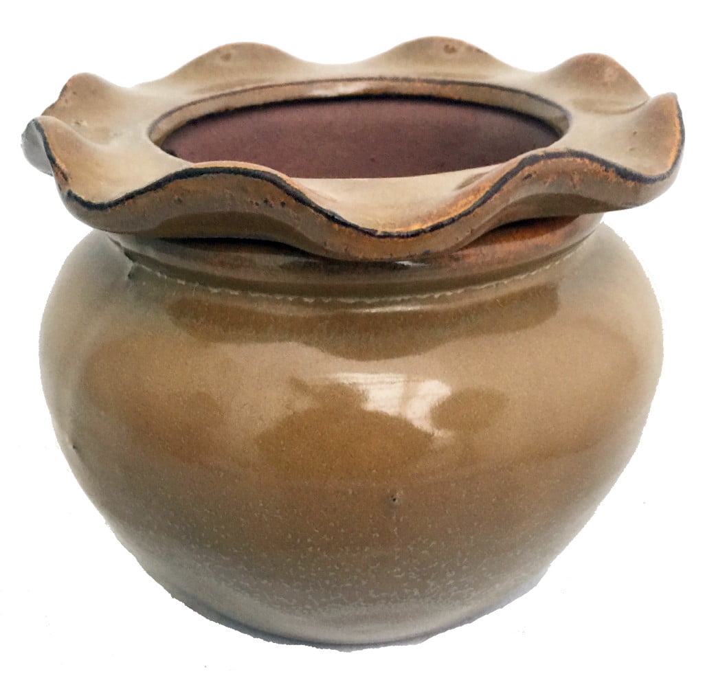 Scallop Round Self Watering Glazed Ceramic Pot - Dark Sand - 8" x 6 ...