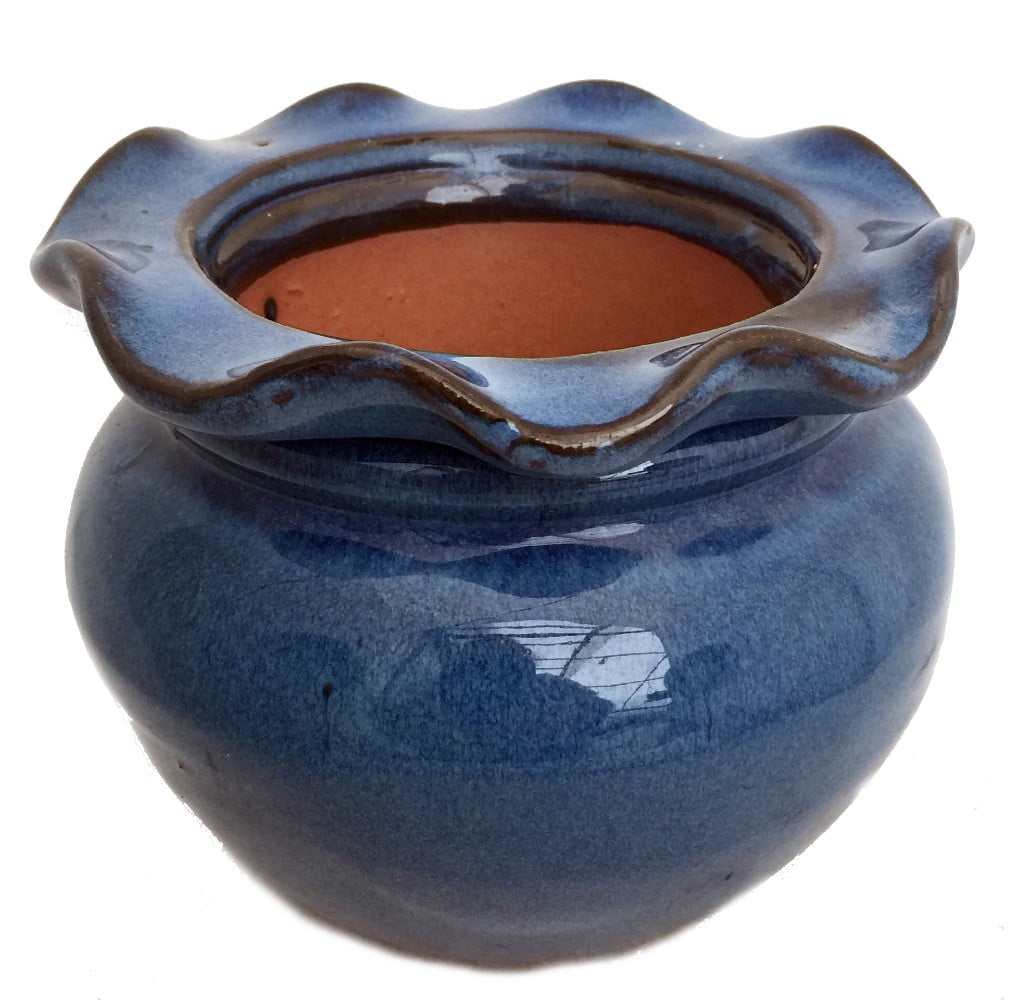Scallop Round Self Watering Glazed Ceramic Pot - Ocean Blue - 5.1 ...