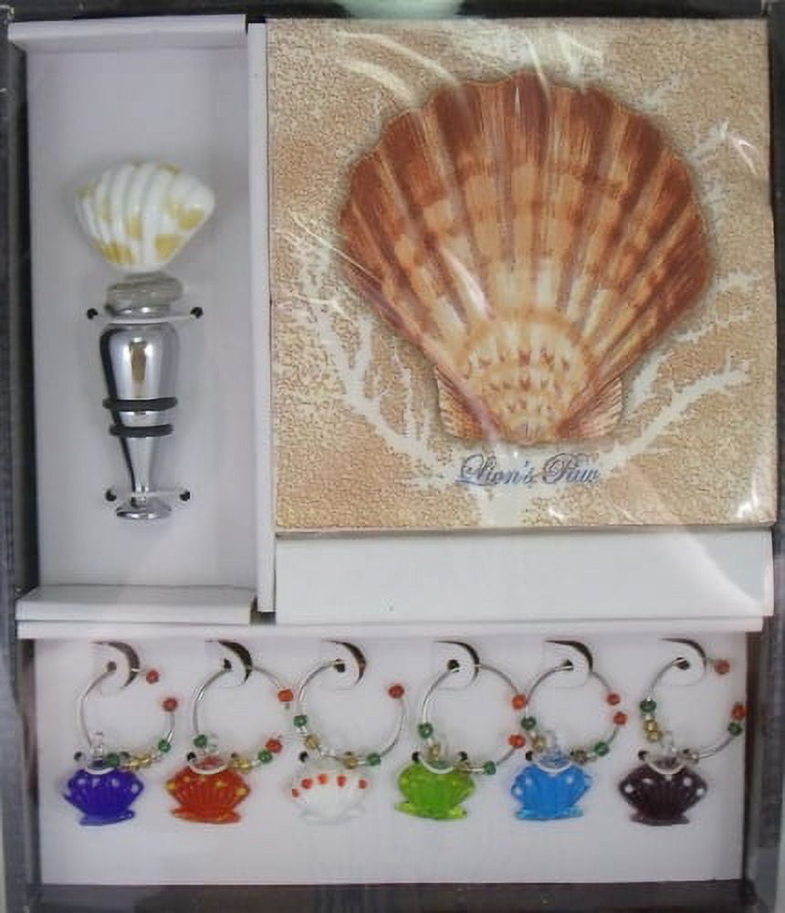 Scallop Shell Wine Glass Charms and Topper Cocktail Napkins Boxed Gift ...