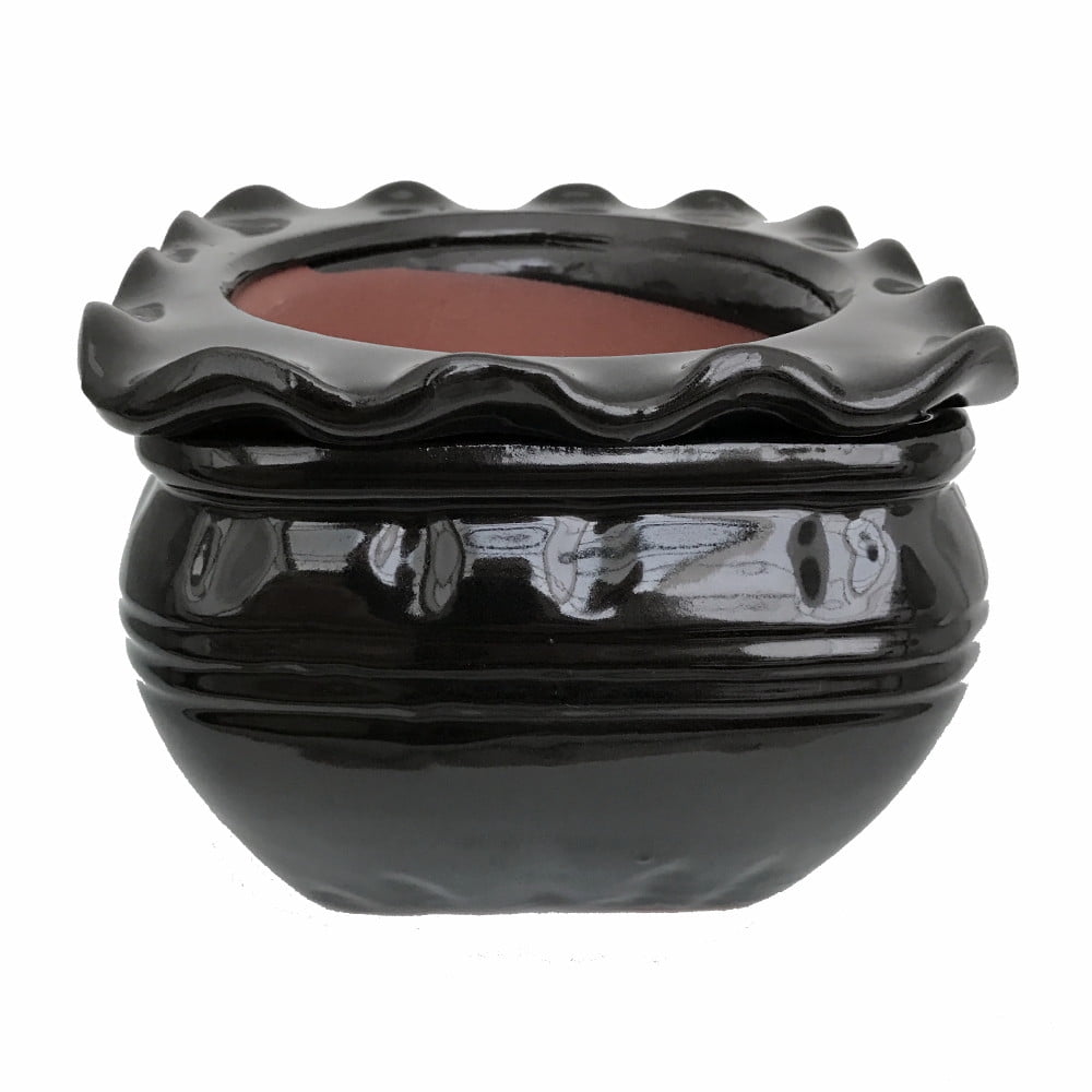 Scallop Square Self Watering Glazed Ceramic Pot - Black - 7.5 ...