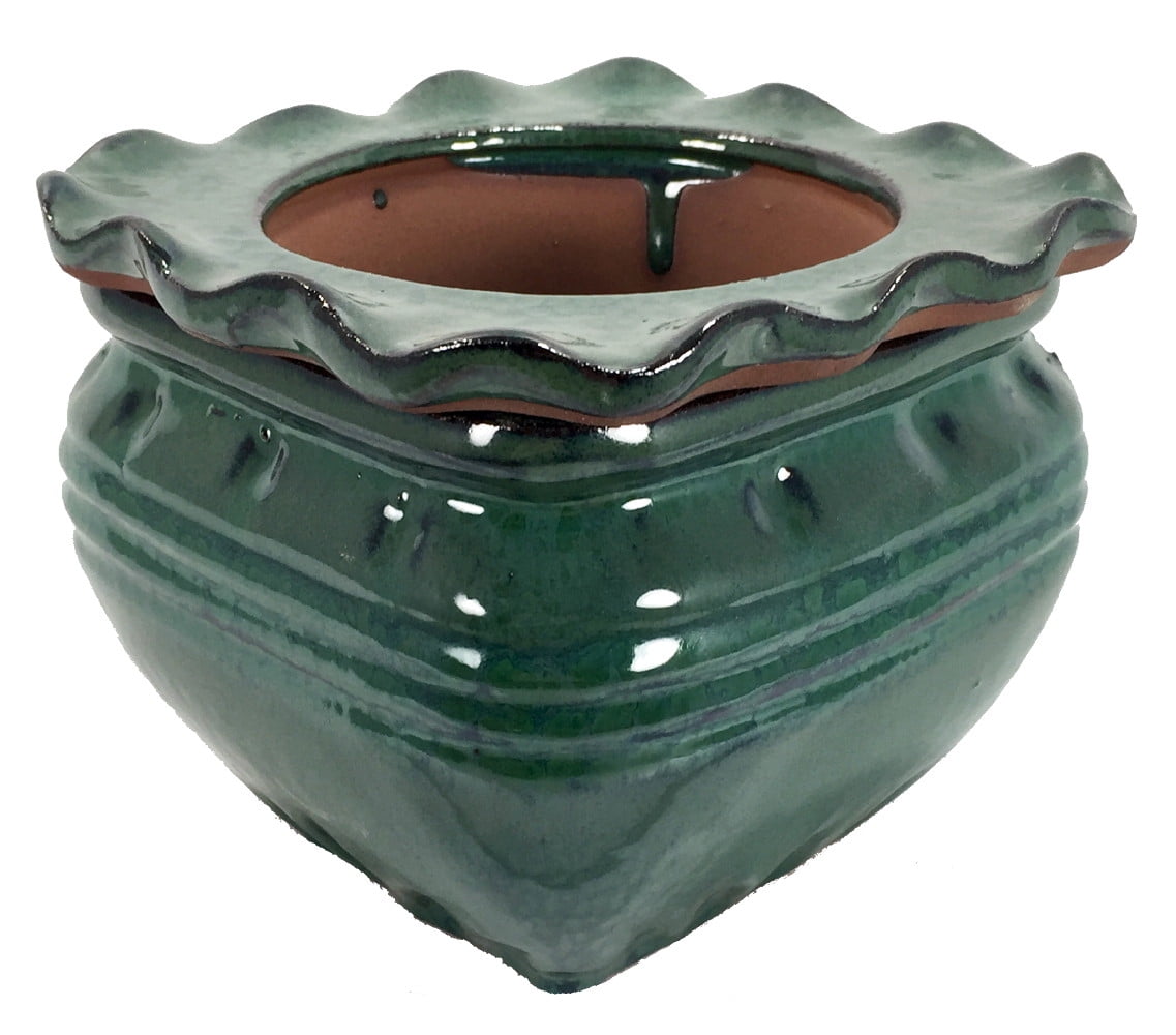 Scallop Square Self Watering Glazed Ceramic Pot - Forest Green - 5.3 ...