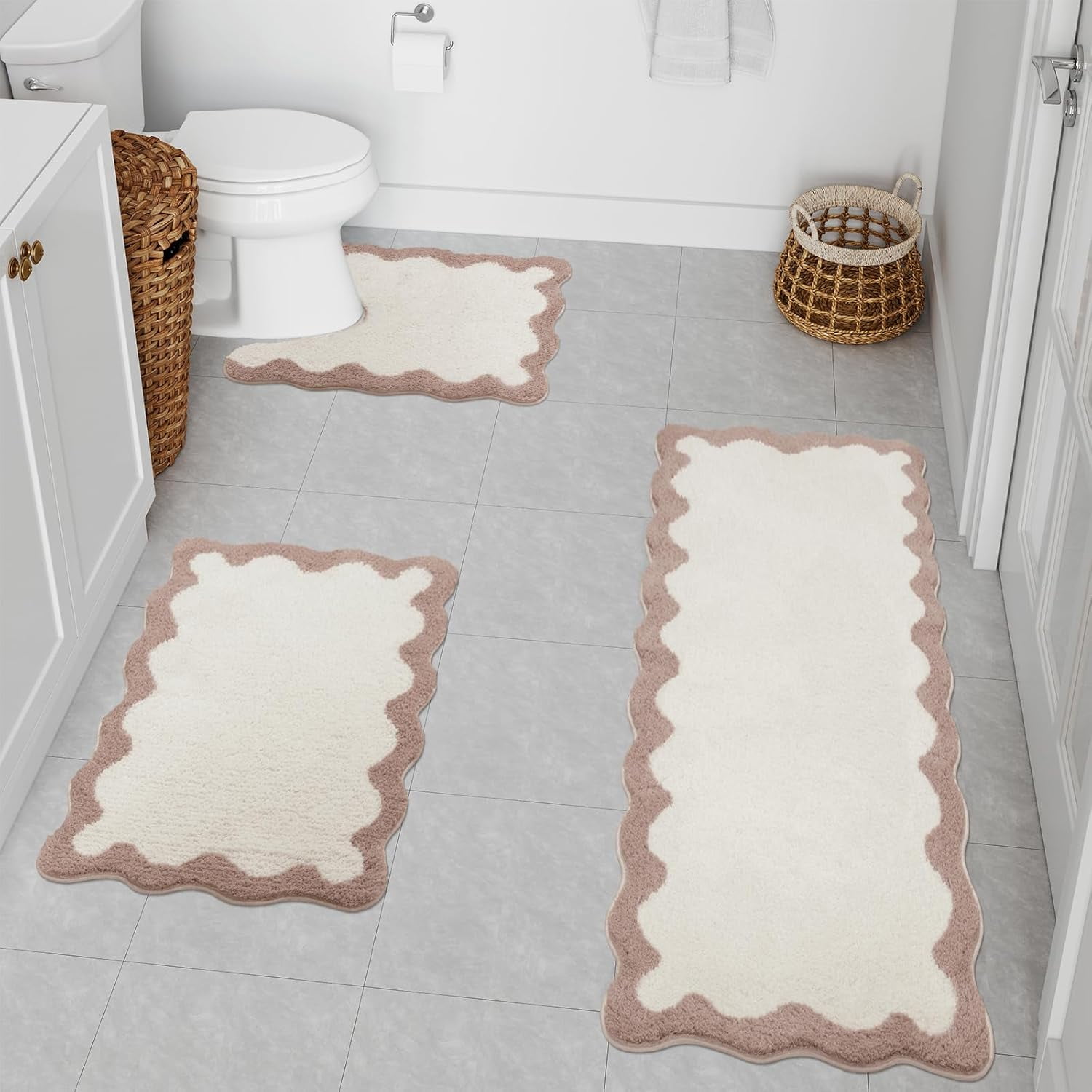 Scalloped 3-Piece Bathroom Rug Set - Pink Non-Slip Absorbent Runner ...