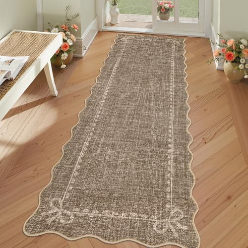 Scalloped Bow Rug for Living Room, Solid Brown Rug for Dorm, Washable ...