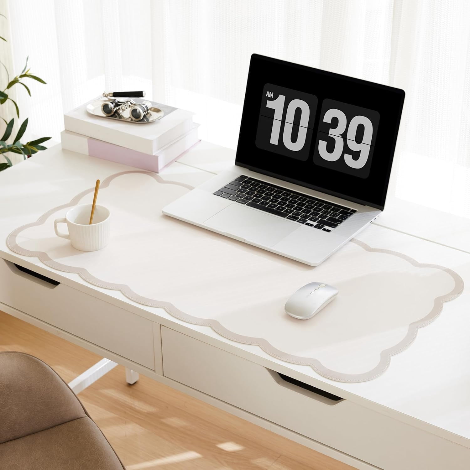Scalloped Desk Mat, 31.5" x 15.7" Large Cute Beige Khaki Aesthetic Desk ...