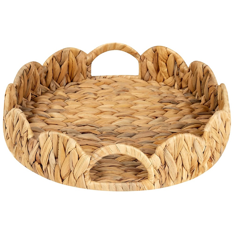 Scalloped Edge Round Tray, Round Serving Tray with Built-in Handles ...