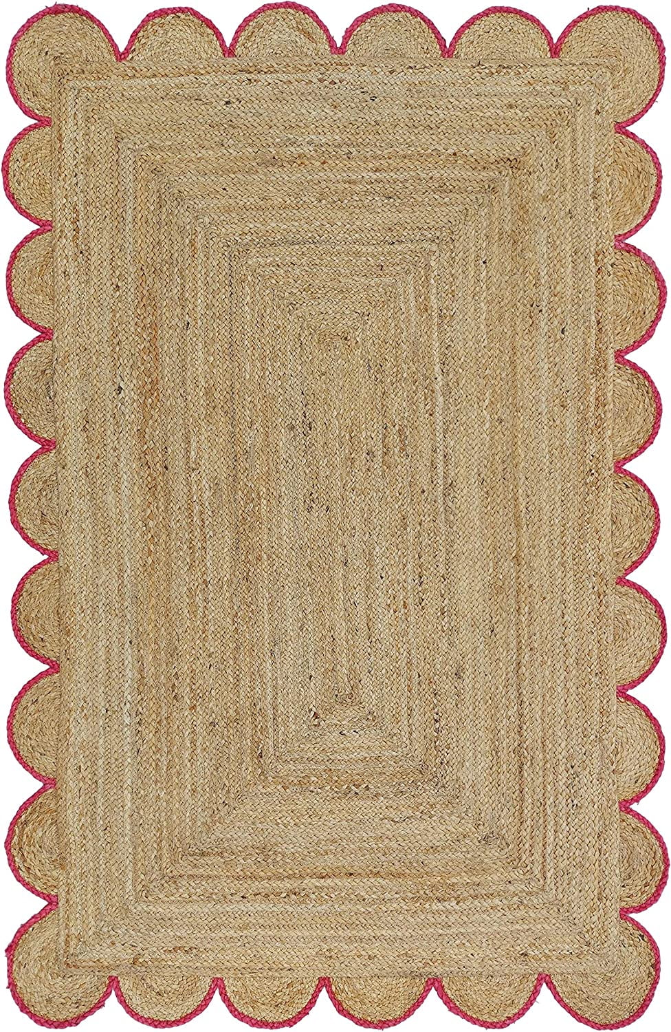 Scalloped Natural Jute Area Rug, Natural Red Boho Scallop Colored Trim ...