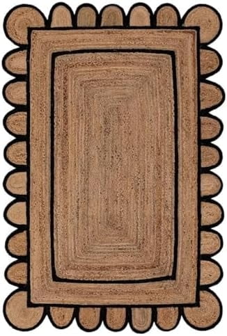 Scalloped Natural Rectangular Jute Rug, Boho Braided Area Rug, Coastal ...