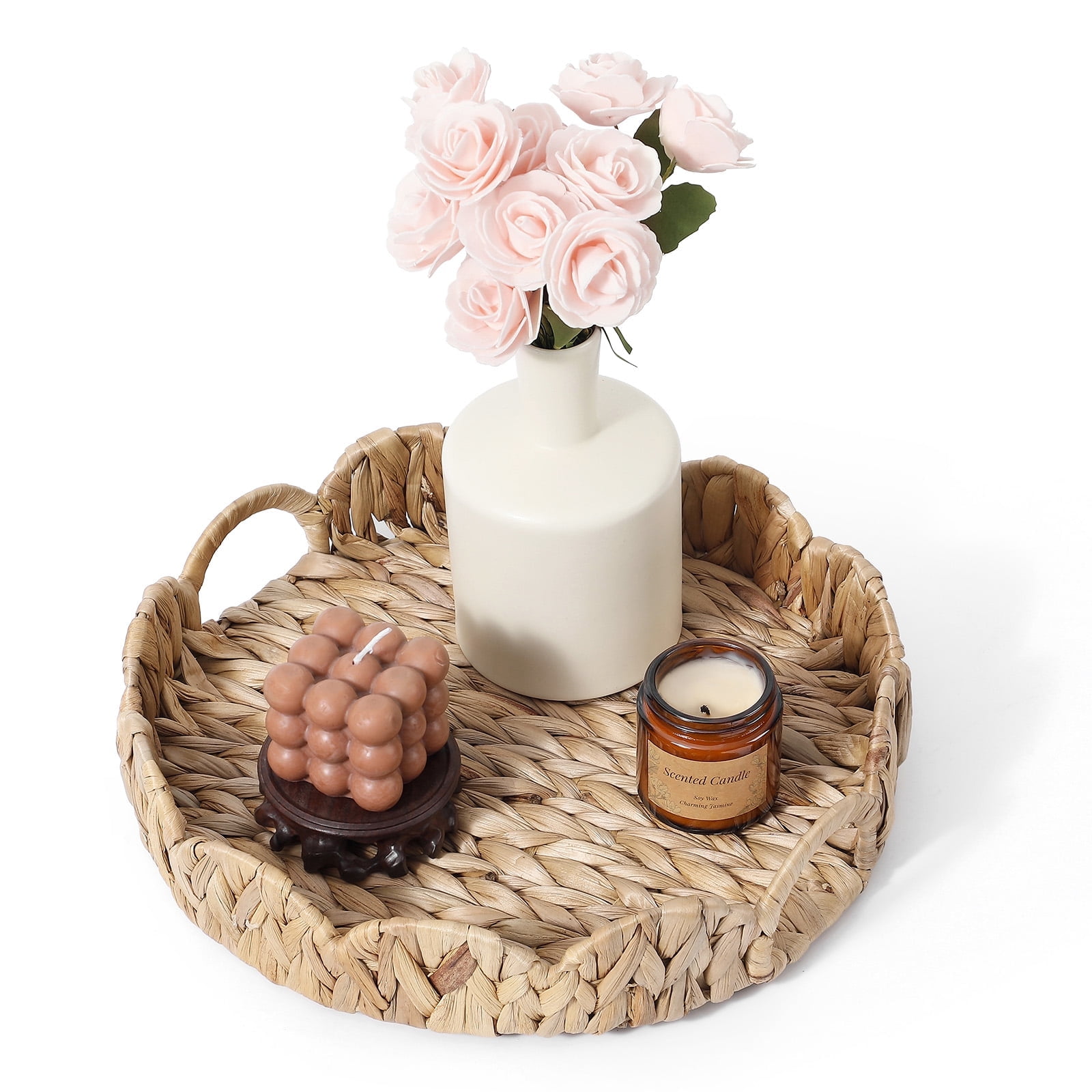 Scalloped Round Serving Tray, 13 inch Decorative Water Hyacinth Basket ...