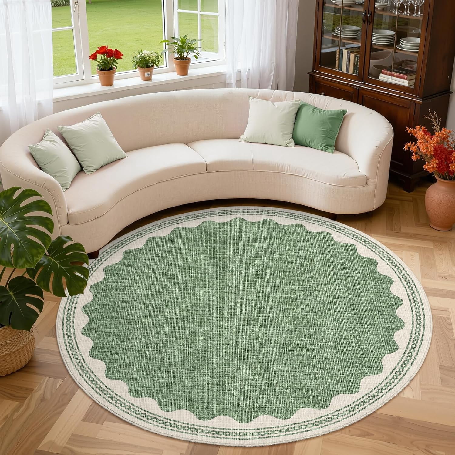 Scalloped Sage Green 6ft Round Rug Washable Non-Slip Soft Ultra-Thin ...
