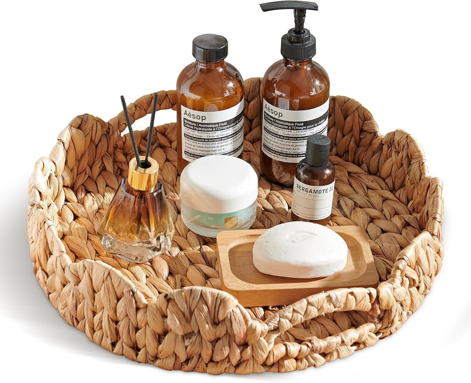 Scalloped Tray, 13.8" Large Round Basket Tray Wicker Rattan Serving ...