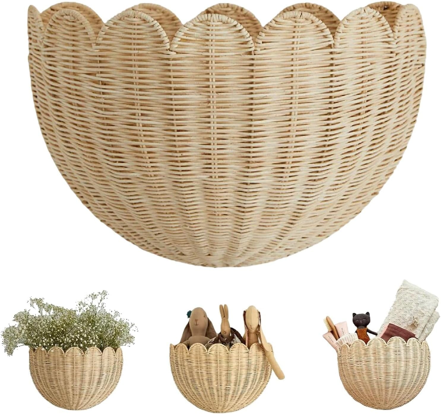 Scalloped Wall Basket,Hanging Hand Woven Wicker Wall Basket with Metal ...