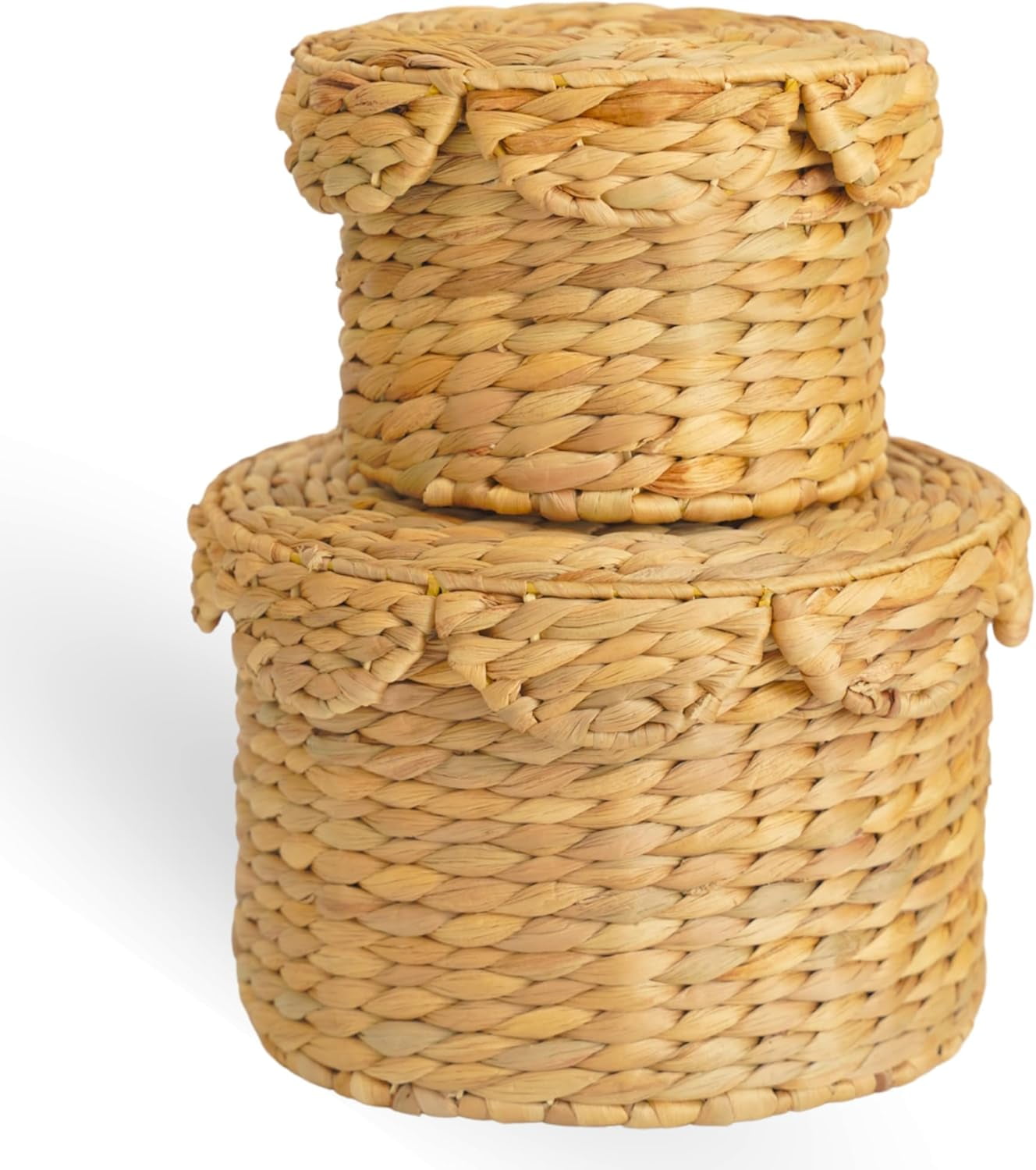 Scalloped Wicker Storage Baskets with Lid, Set of 2 Round Basket ...