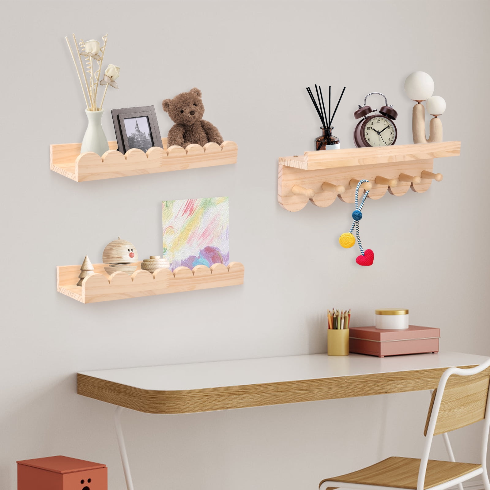 Scalloped Wood Wall Storage Shelf With Hook Strong Load Bearing Wood ...