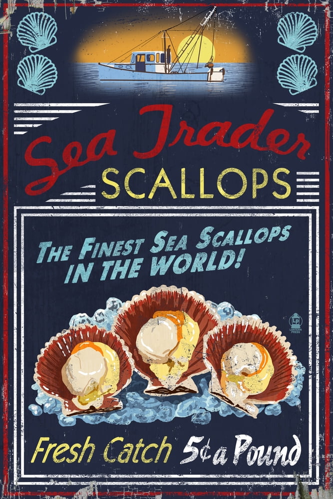 Scallops, Vintage Sign (36x54 Giclee Gallery Art Print, Vivid Textured ...