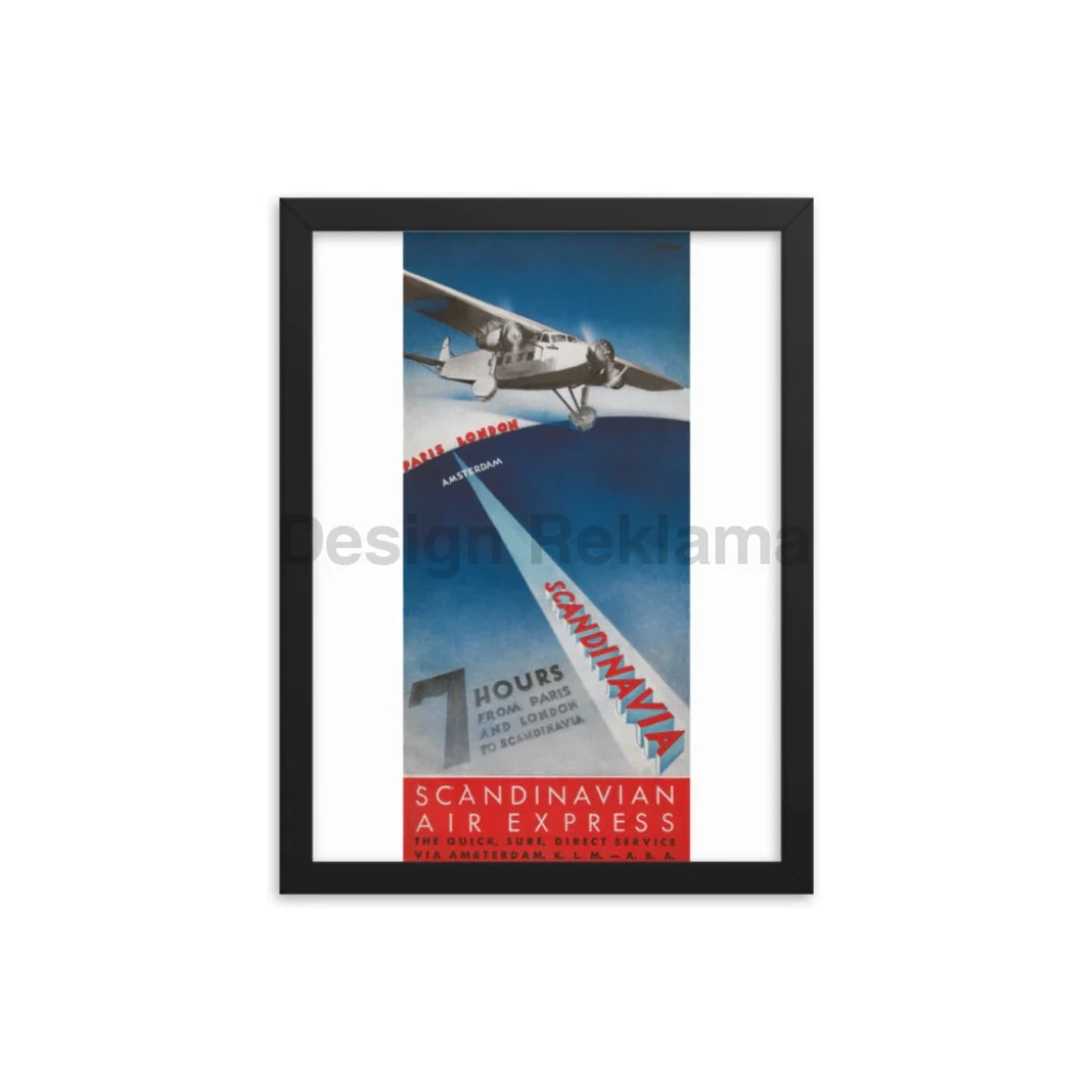 Scandinavian Air Express, 1933. JV by KLM and ABA, Framed Vintage Travel Poster. Designed by ...