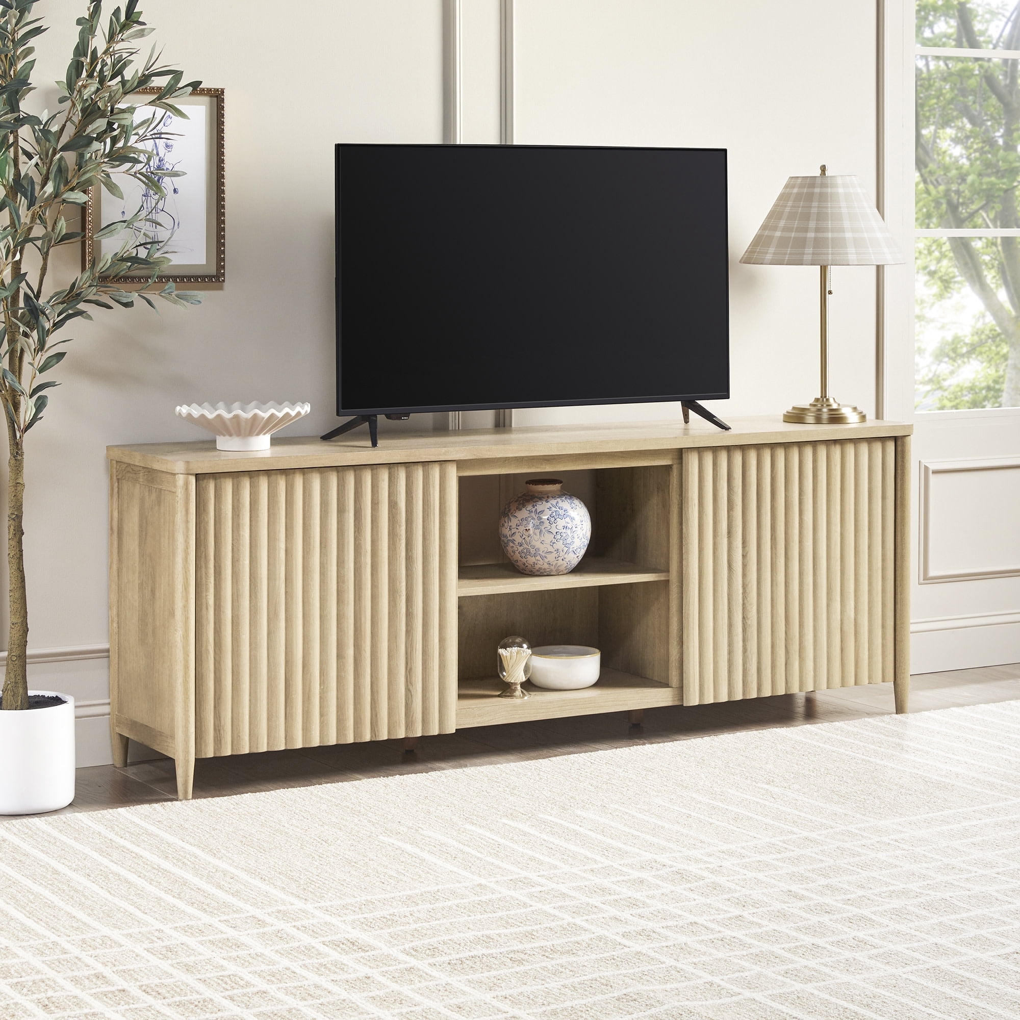 Scandinavian Reeded TV Stand with Open Storage for up to 80" TV Coastal ...