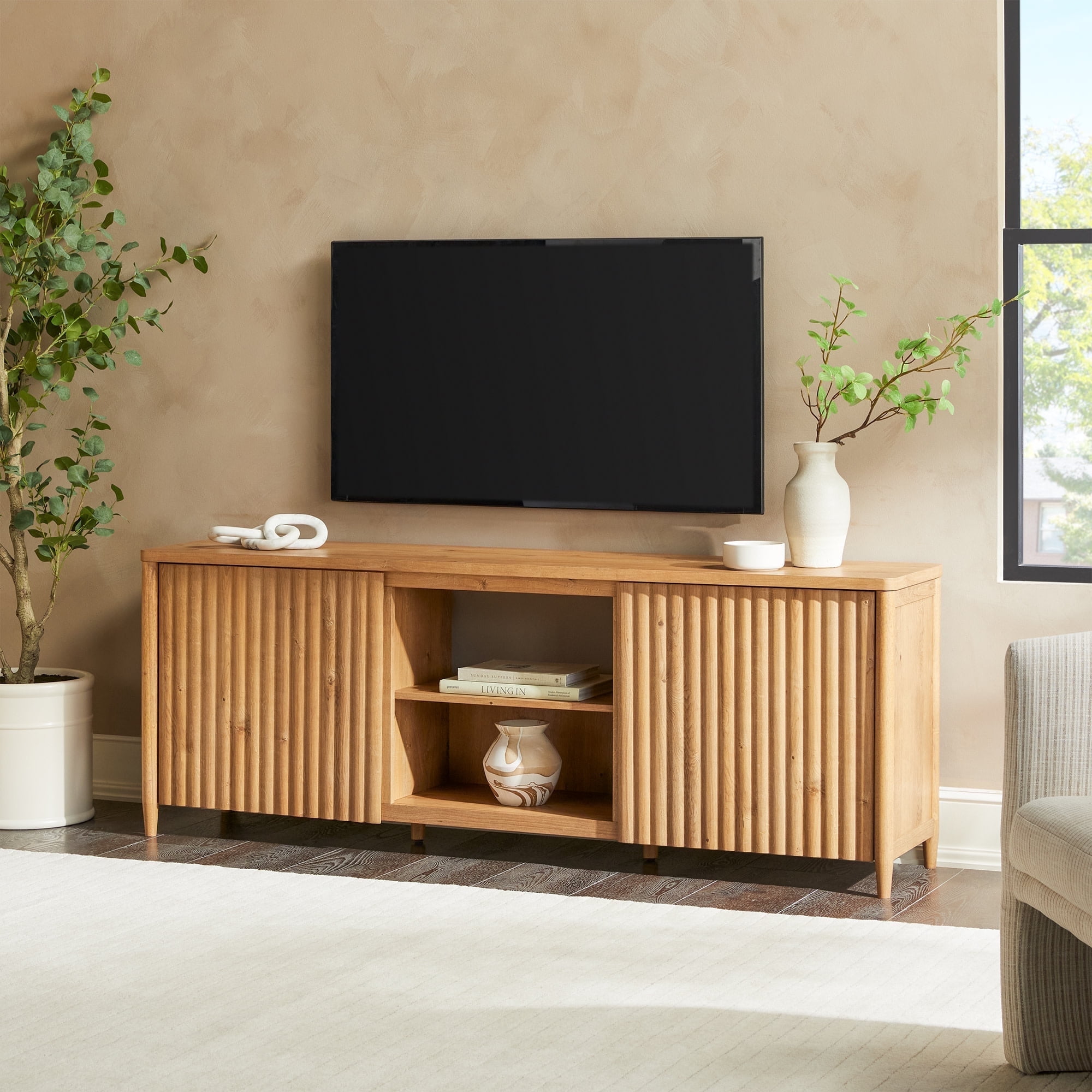 Scandinavian Reeded TV Stand with Open Storage for up to 80" TV English ...