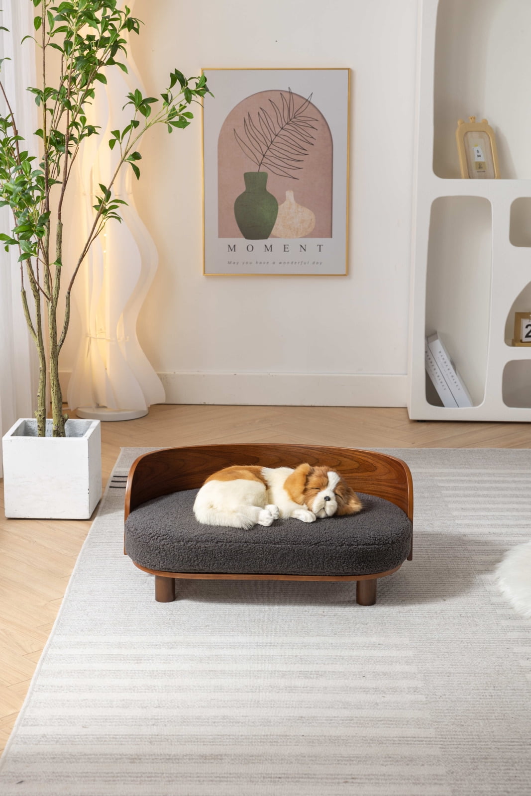 Scandinavian Style Elevated Dog Bed Sofa with Solid Wood Legs & Bent Wood Back, Velvet Cushion ...