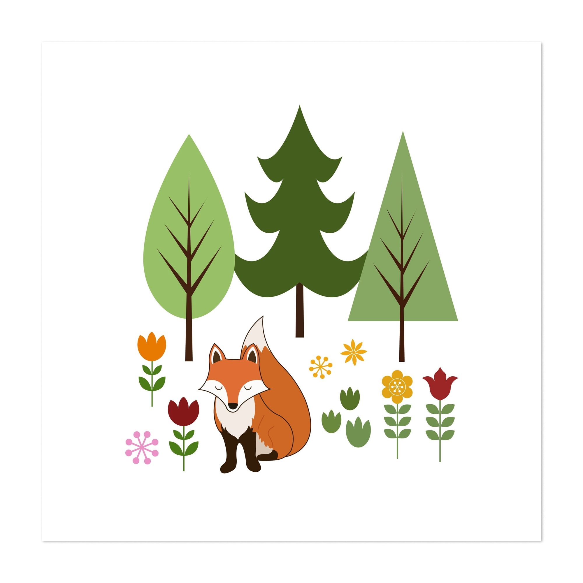Scandinavian Style Fox Flowers Trees Illustration - Digital Art ...