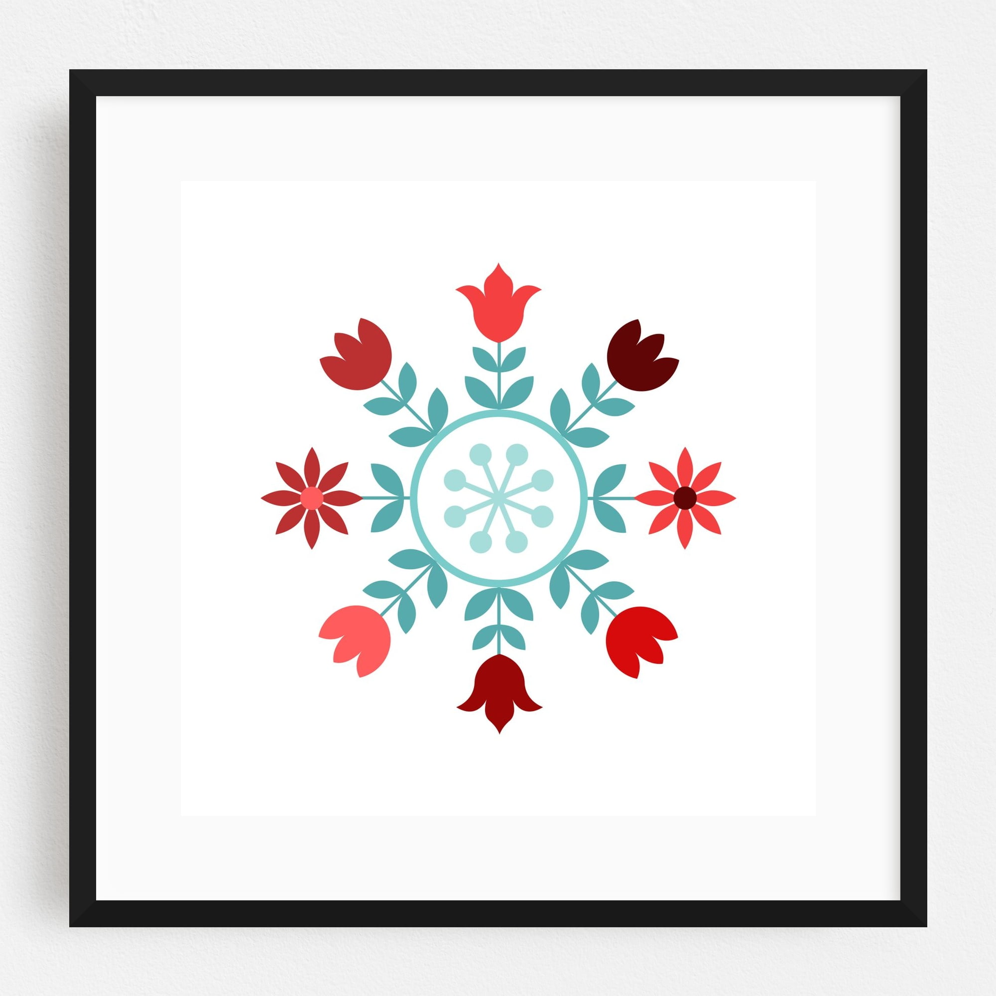 Scandinavian Style Teals Reds Flowers Wheel - Digital Art Floral ...