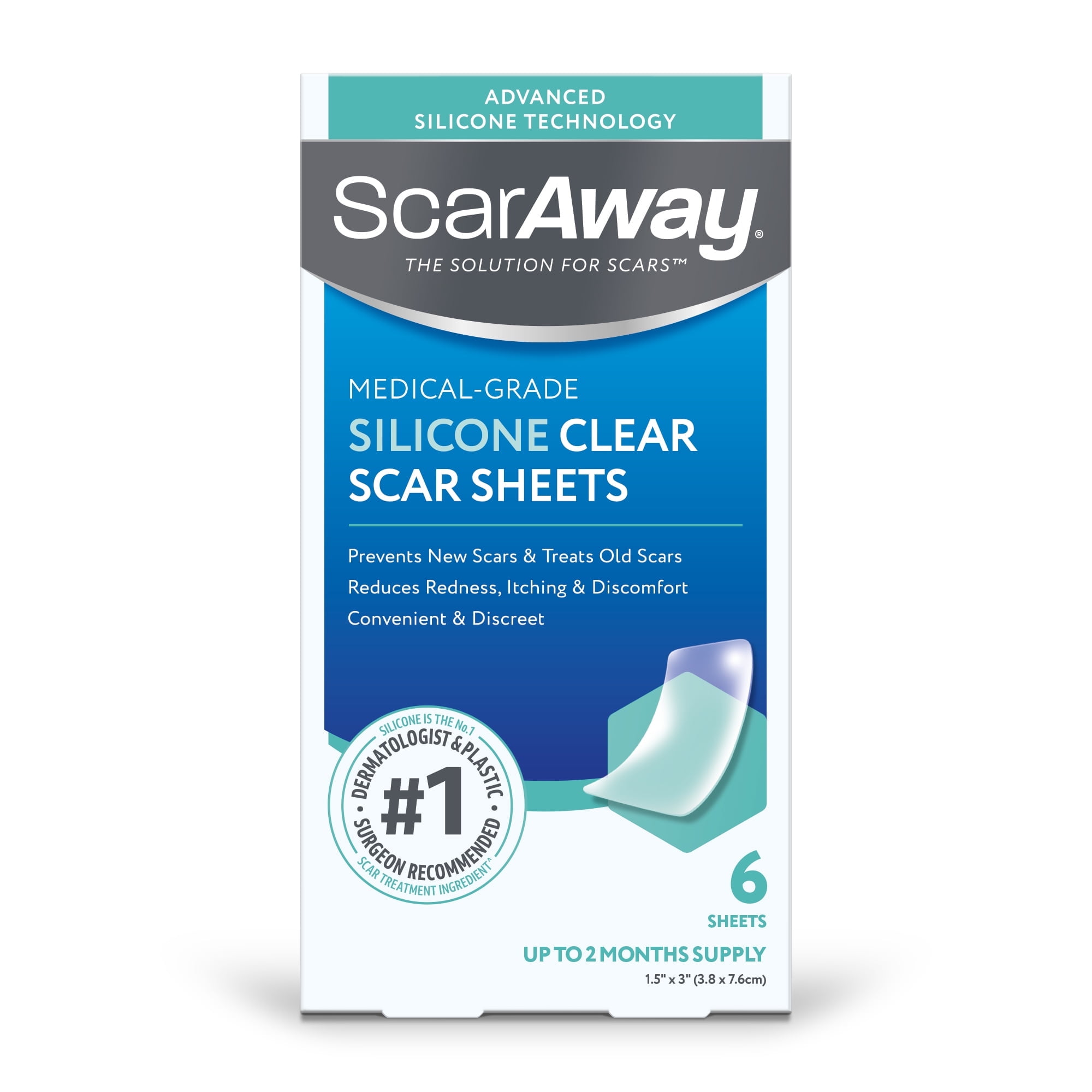 ScarAway Silicone Scar Sheets Shrink, Flatten and Fade Scars, Clear, 6 ...