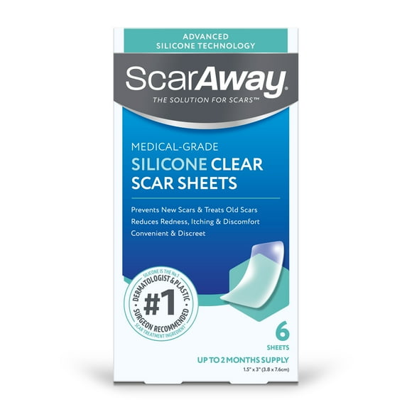 ScarAway Silicone Scar Sheets Shrink, Flatten and Fade Scars, Clear, 6 ...