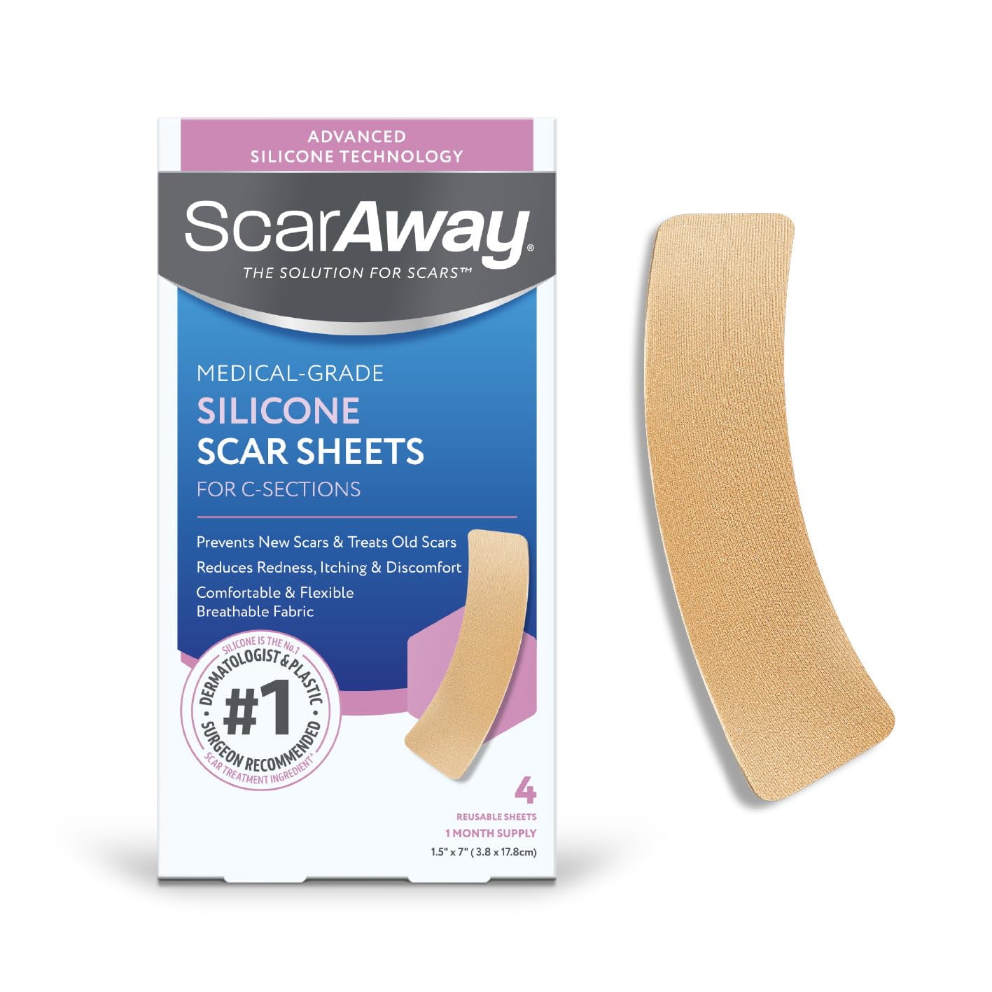 ScarAway Silicone Sheets for C-Section Scars - 7" Length Medical Strips ...