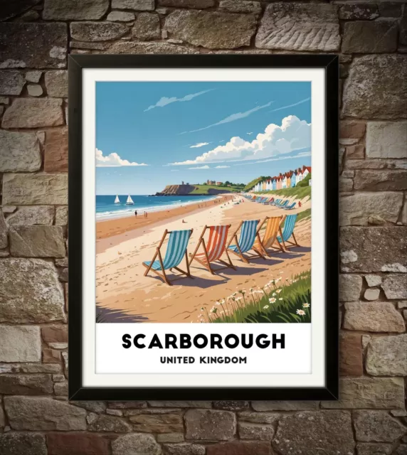 Scarborough Beach Poster Â€“ Classic Uk Coastal Scene With Deck Chairs ...