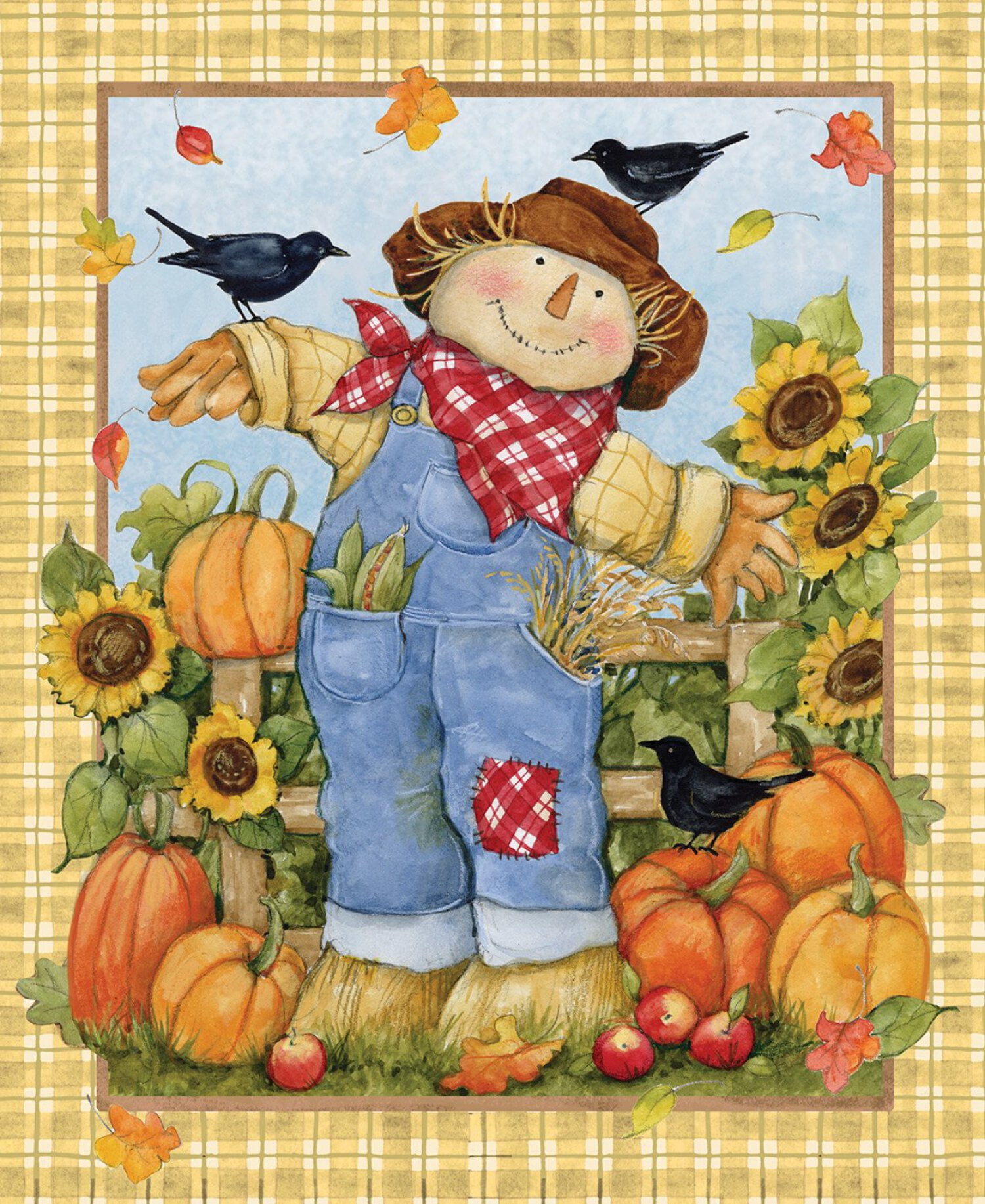 36" X 44" Panel Scarecrow Autumn Fall Leaves Harvest Time Sunflowers ...