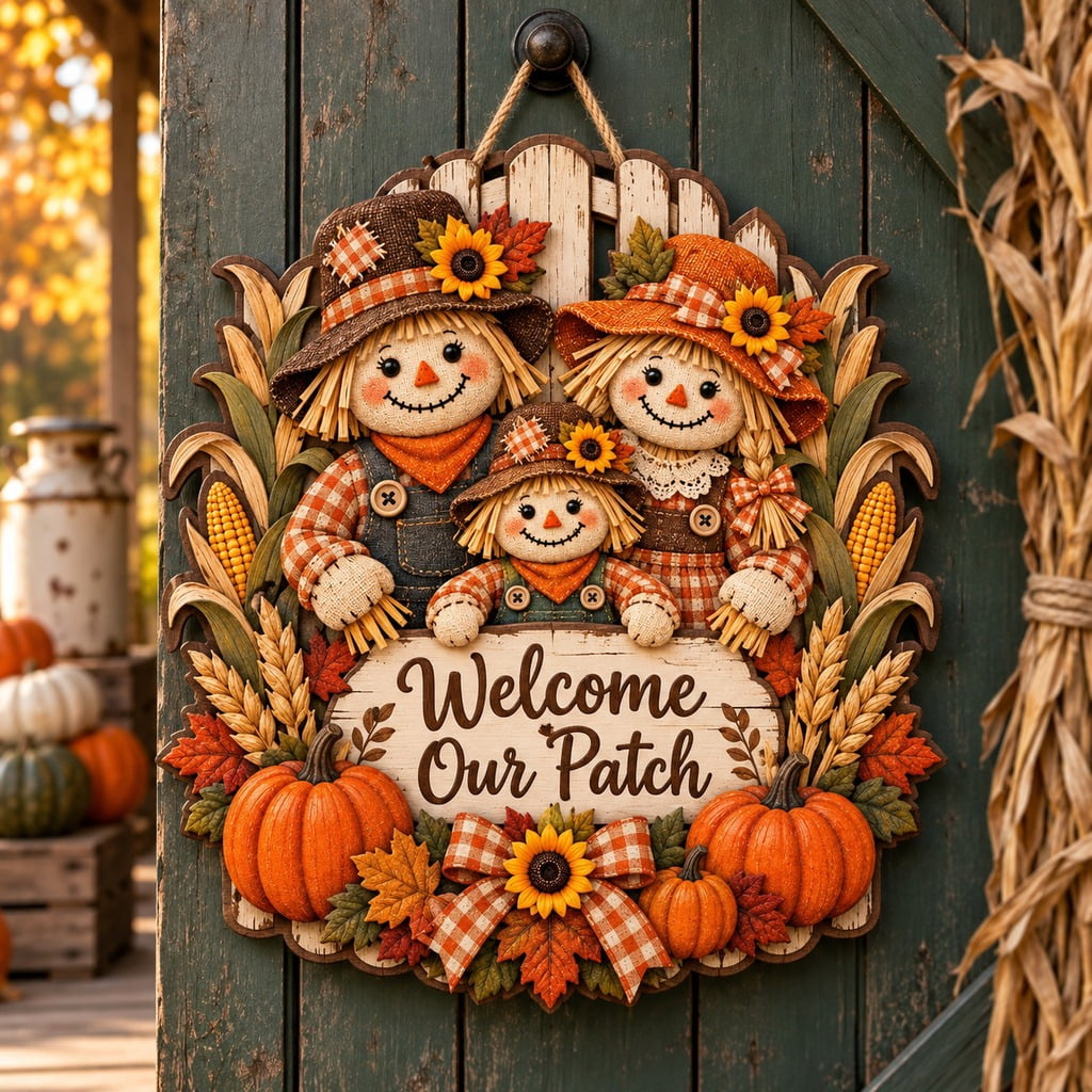 Scarecrow Family Welcome Wooden Sign Front Door Hanger Fall Decor ...