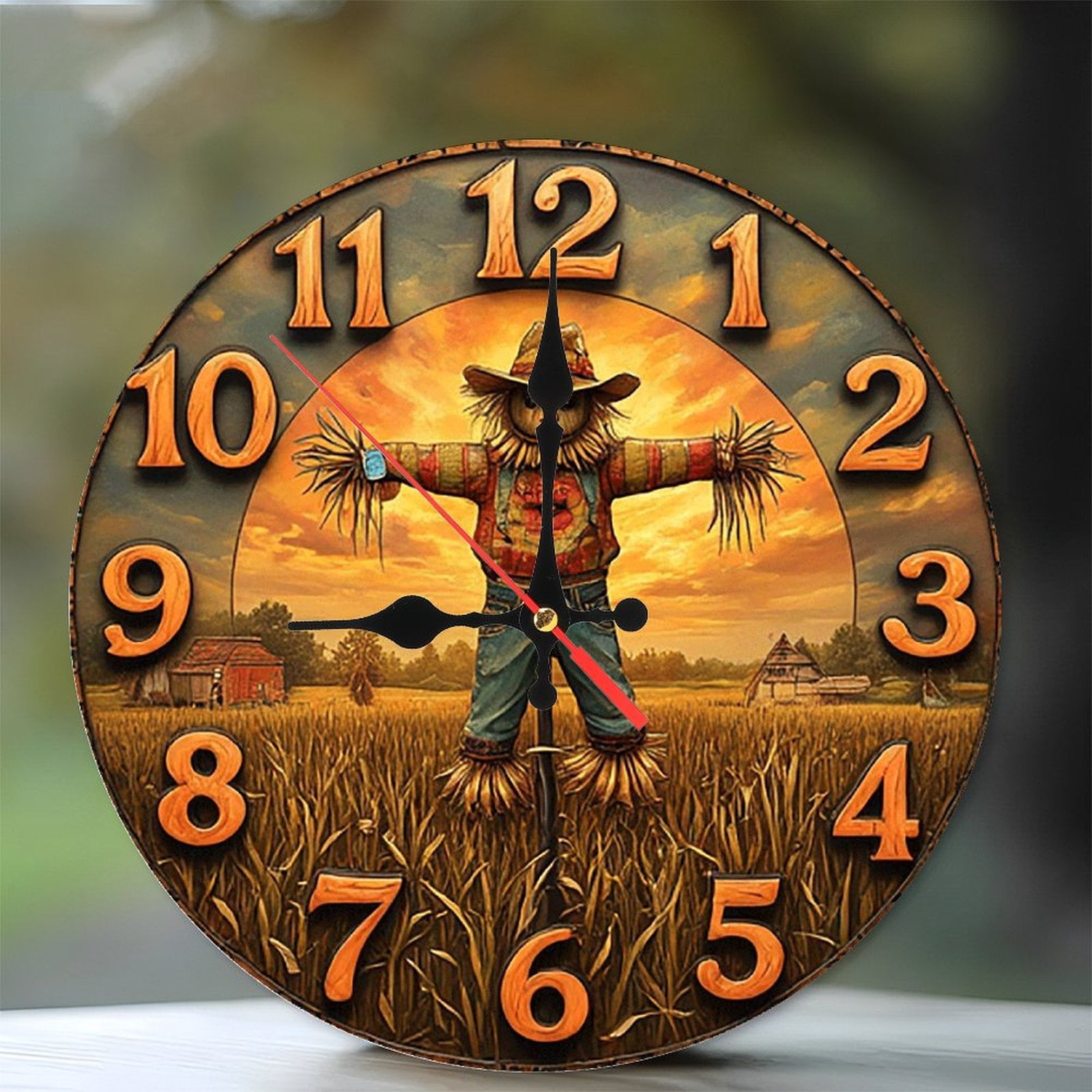Scarecrow Field Sunset Wall Clock 10-Inch Silent Wooden Wall Clock ...