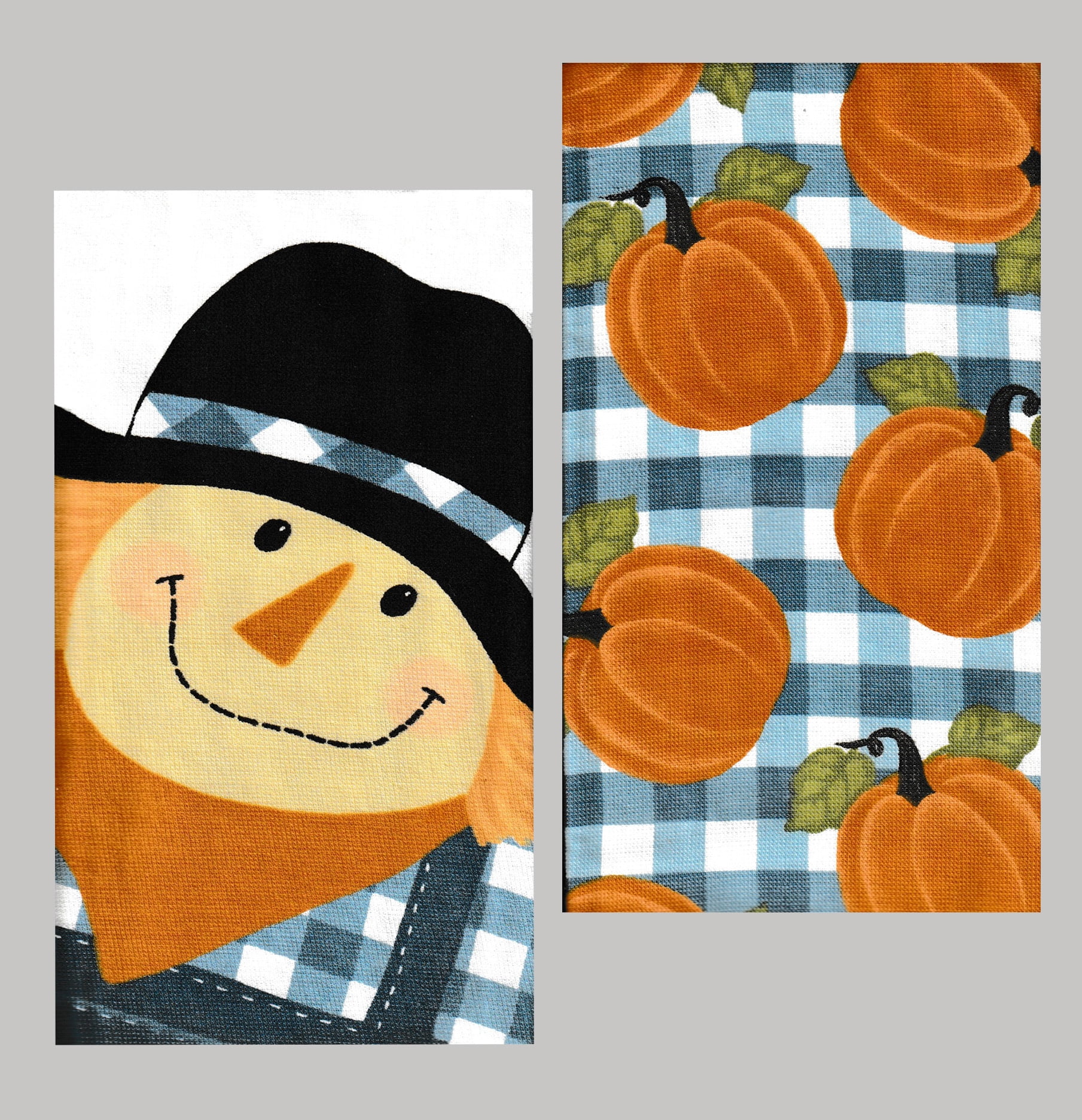 Scarecrow Pumpkin Kitchen Towels, 2 Piece Fall Blue White Checked ...
